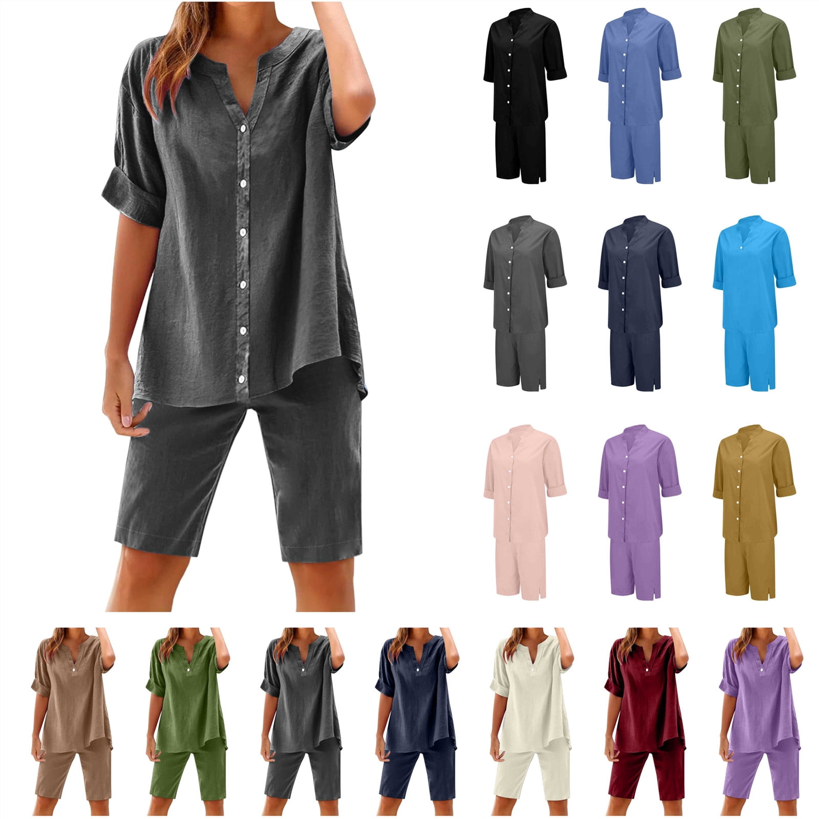 QATAINLAV Womens Linen 2 Piece Outfits Short Sleeve V Neck Tshirts and ...