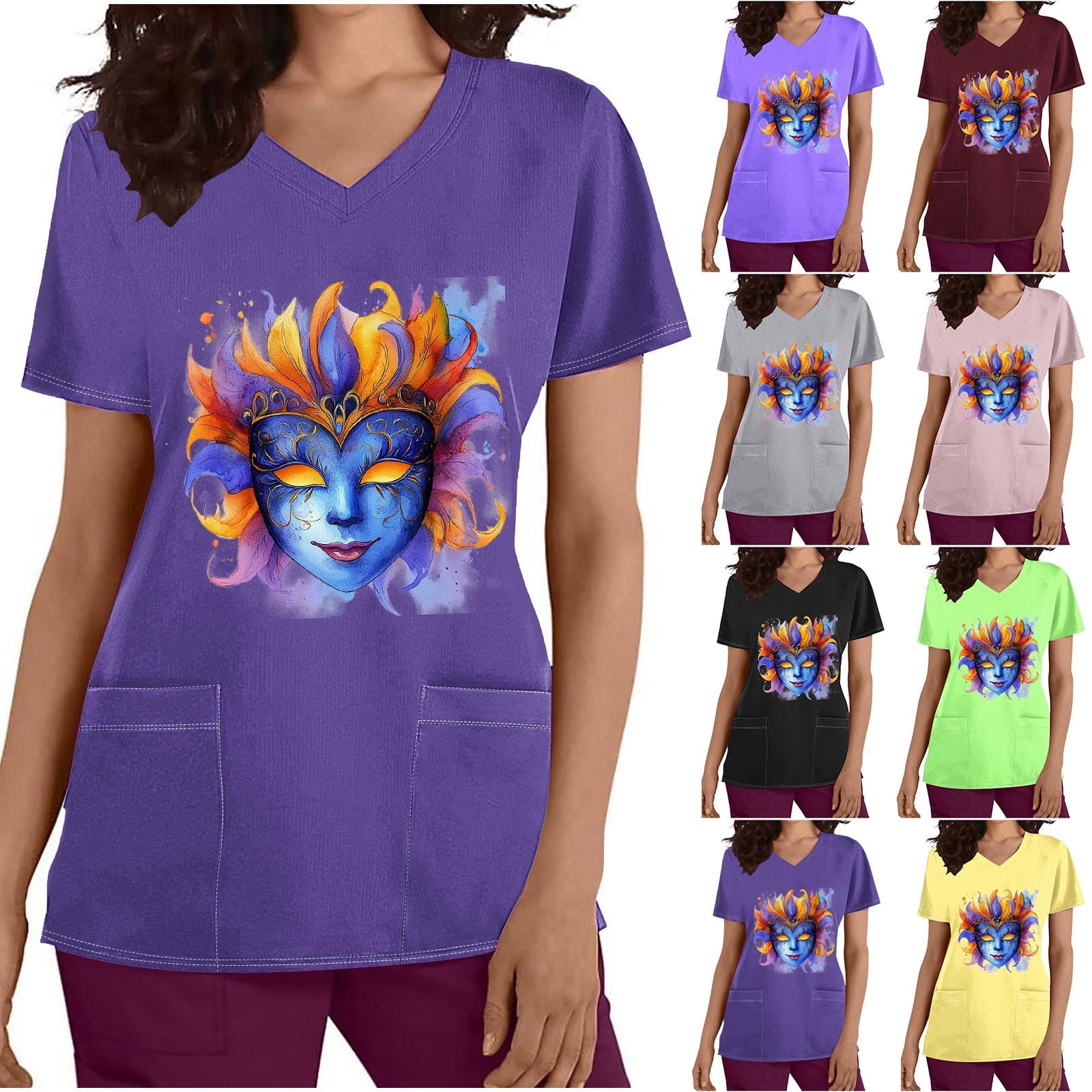 QATAINLAV Mardi Gras Scrubs for Women 2025 Spring Scrub Tops Novelty ...