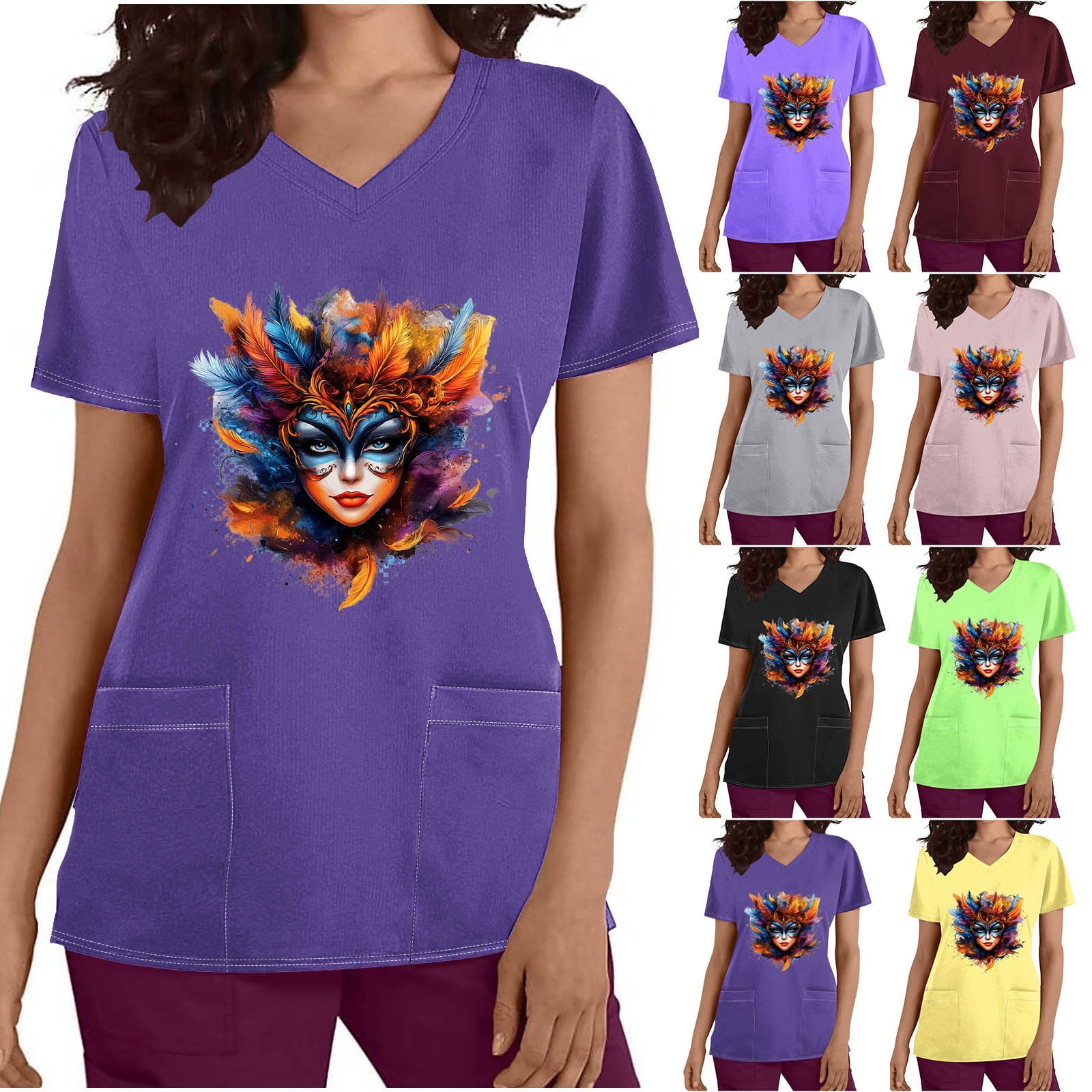 QATAINLAV Mardi Gras Scrubs for Women 2025 Spring Scrub Tops Novelty ...