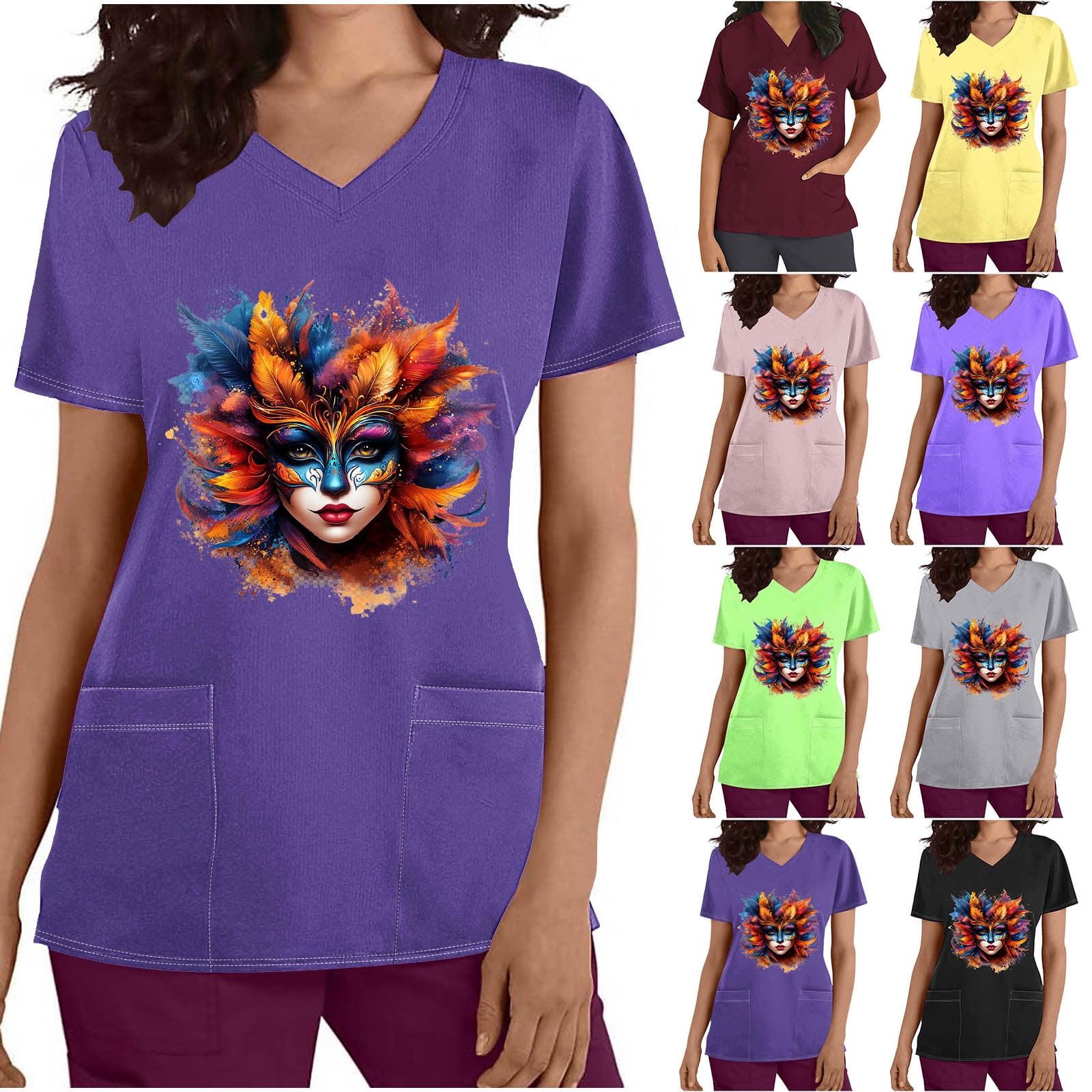 QATAINLAV Mardi Gras Women Scrubs 2025 Carnival Themed Graphic Working ...