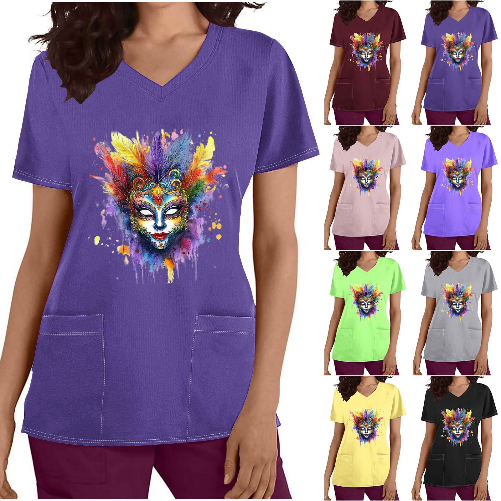 QATAINLAV Mardi Gras Women Scrubs 2025 Carnival Themed Graphic Working ...