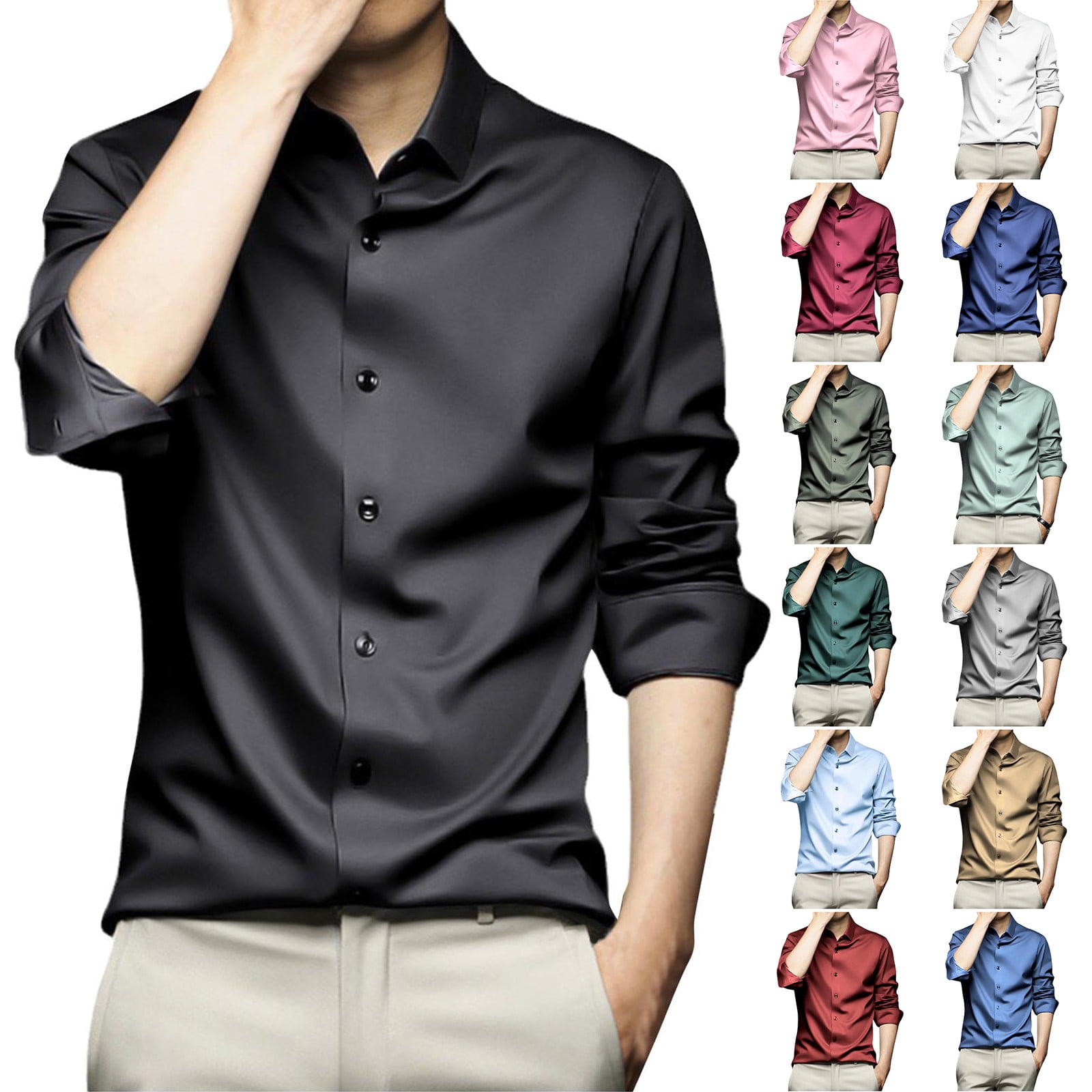 QATAINLAV Men's Satin Dress Shirts Elegant Wedding Party Formal Shirts ...