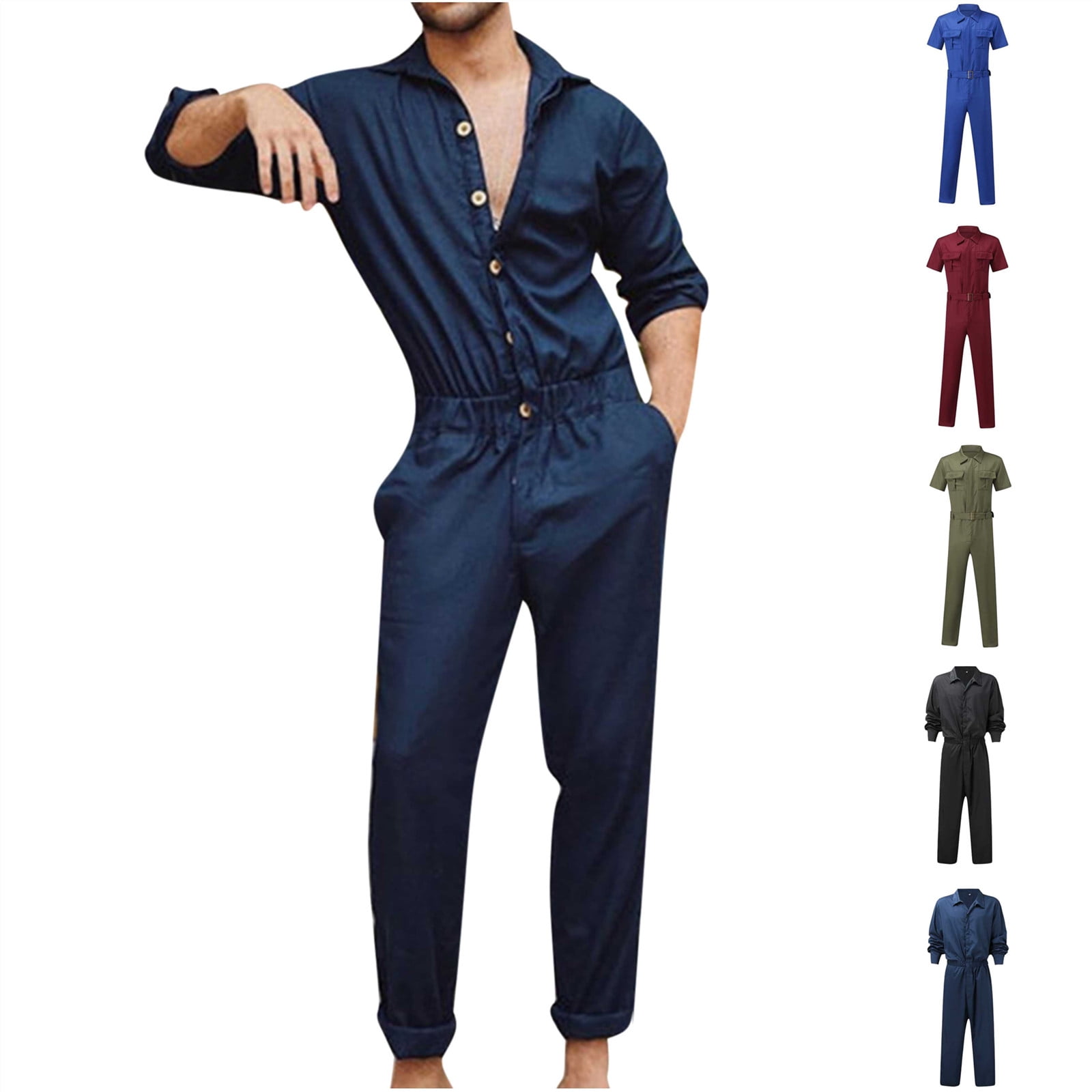QATAINLAV Men's Zip Up Overalls Lapel Jumpsuit Suit Short Sleeve Work ...