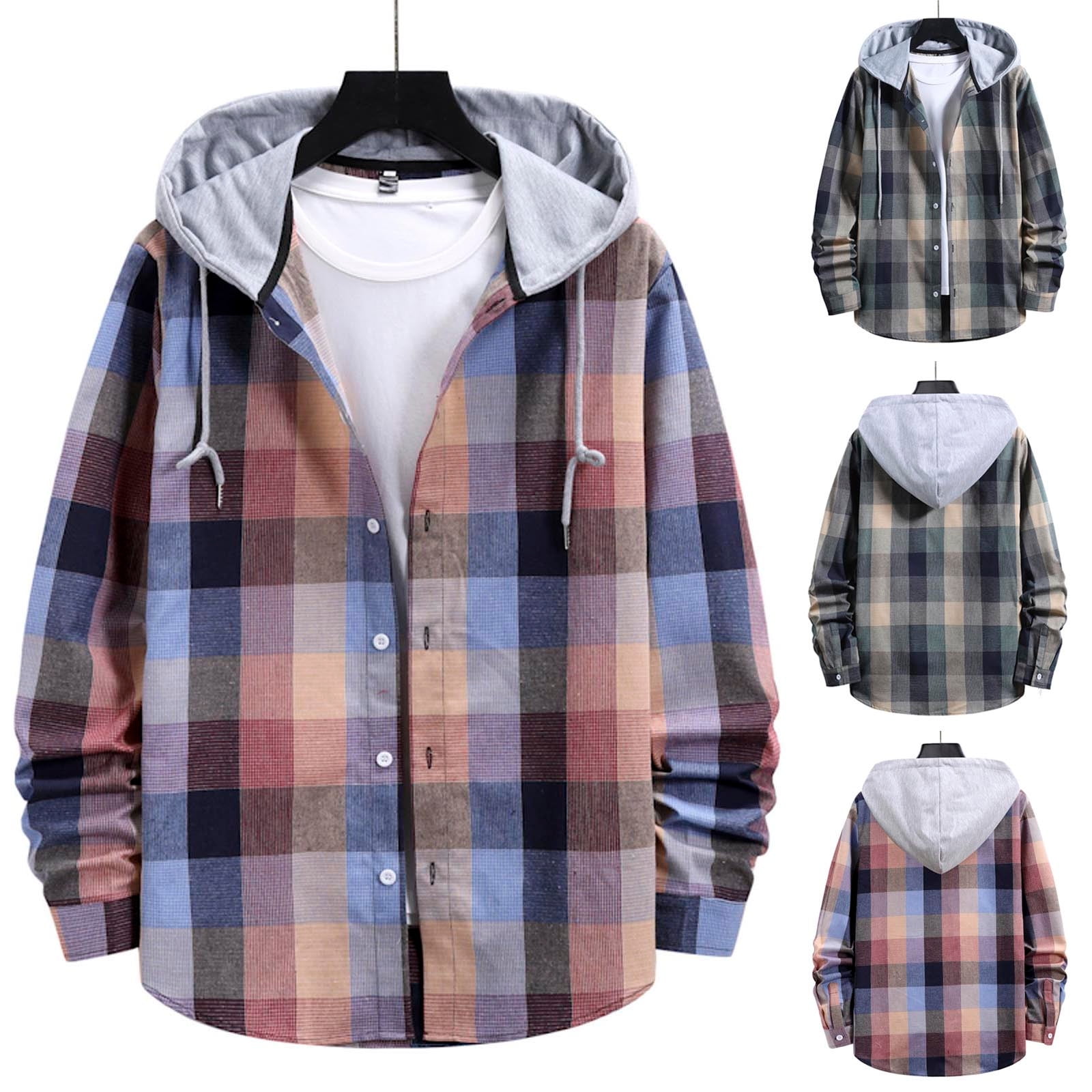 QATAINLAV Mens Lightweight Shacket Plaid Hoodie Jacket Long Sleeve ...