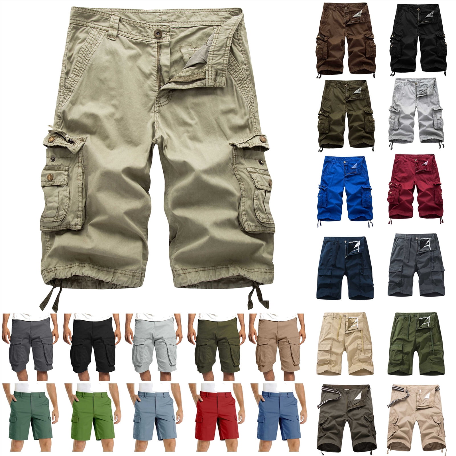 QATAINLAV Mens Multi Pockets Cargo Shorts Solid Casual Button Zip Waist ...