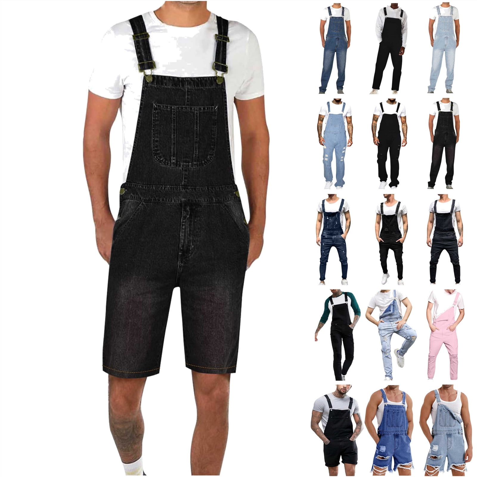 QATAINLAV Mens Summer Short Overalls Denim Bib Rompers Solid Casual ...