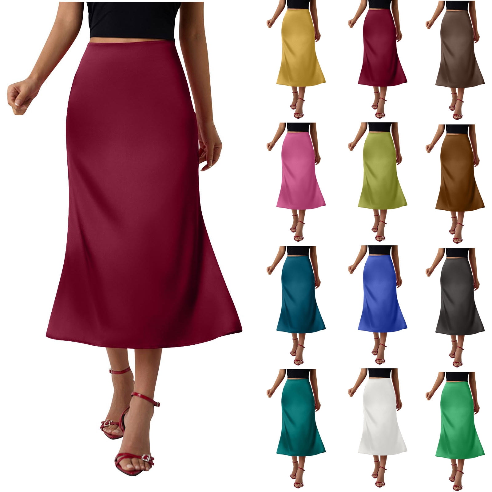 QATAINLAV Mermaid Satin Midi Skirt for Women Elegant Silk High Waisted ...