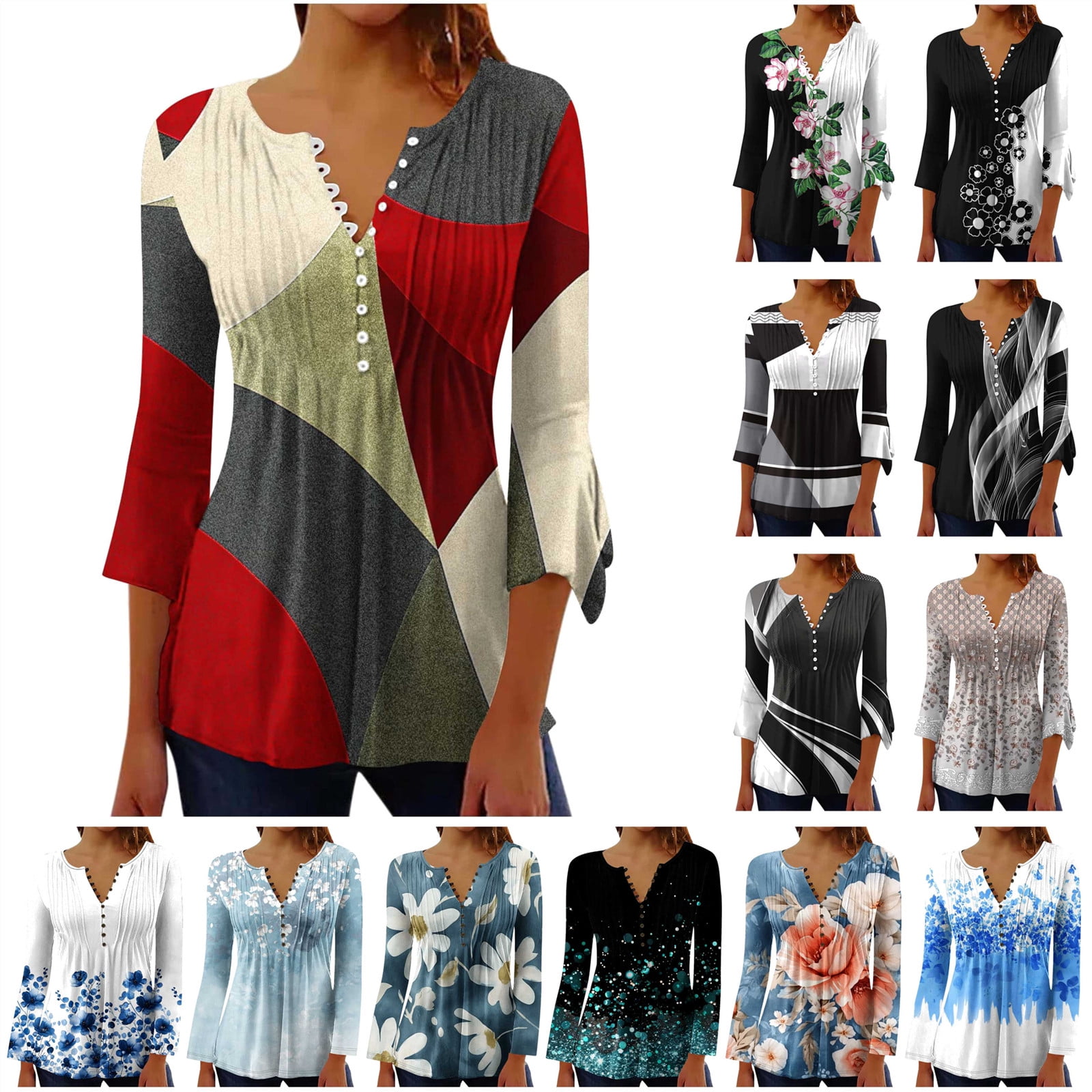 QATAINLAV Multicolor Womens Fall Tops Trendy Boho Floral Print Tunic ...