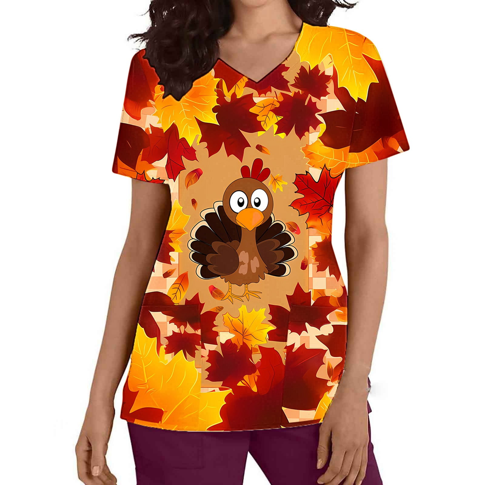 QATAINLAV Novelty Holiday Scrubs for Women Thanksgiving Turkey Printed ...