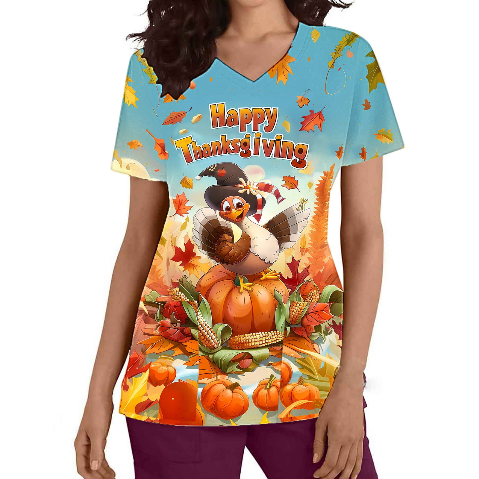 QATAINLAV Novelty Holiday Scrubs for Women Thanksgiving Turkey Printed ...