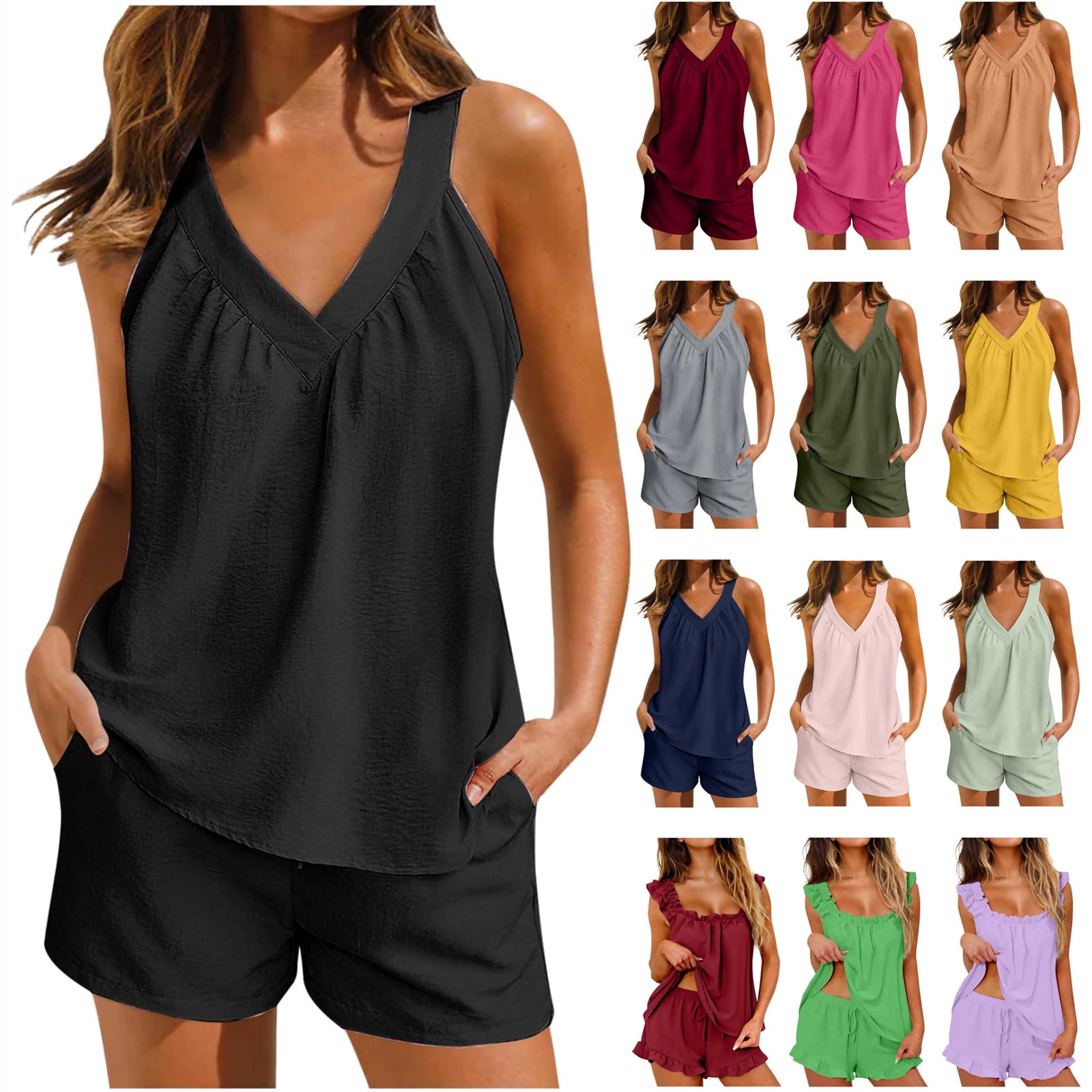 QATAINLAV Linen Short Sets for Women 2 Piece Outfits Vacation V Neck ...