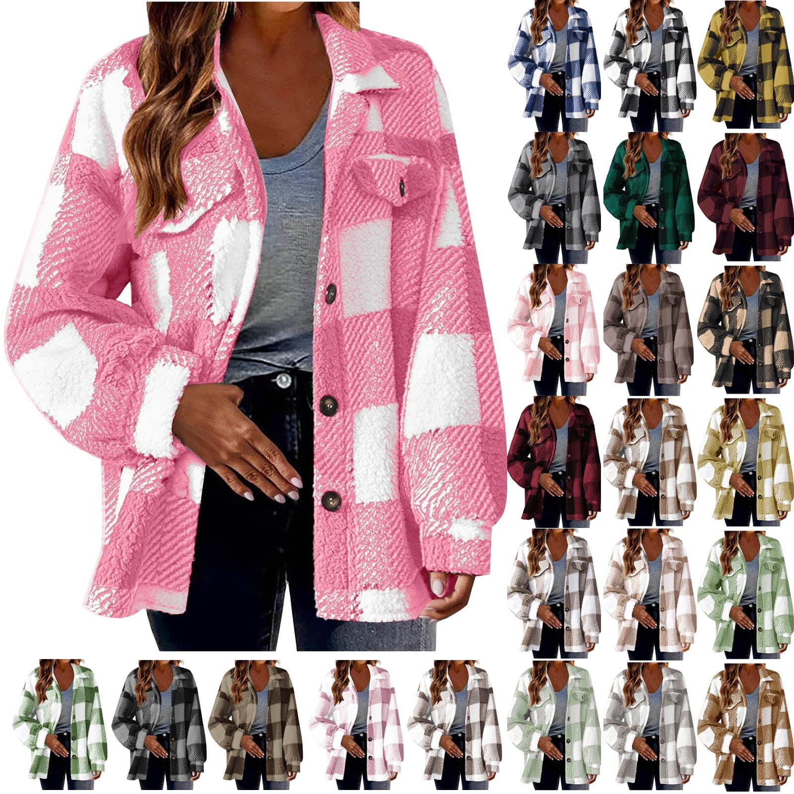 QATAINLAV Open Front Womens Fuzzy Fleece Plaid Shacket Jacket Fashion ...