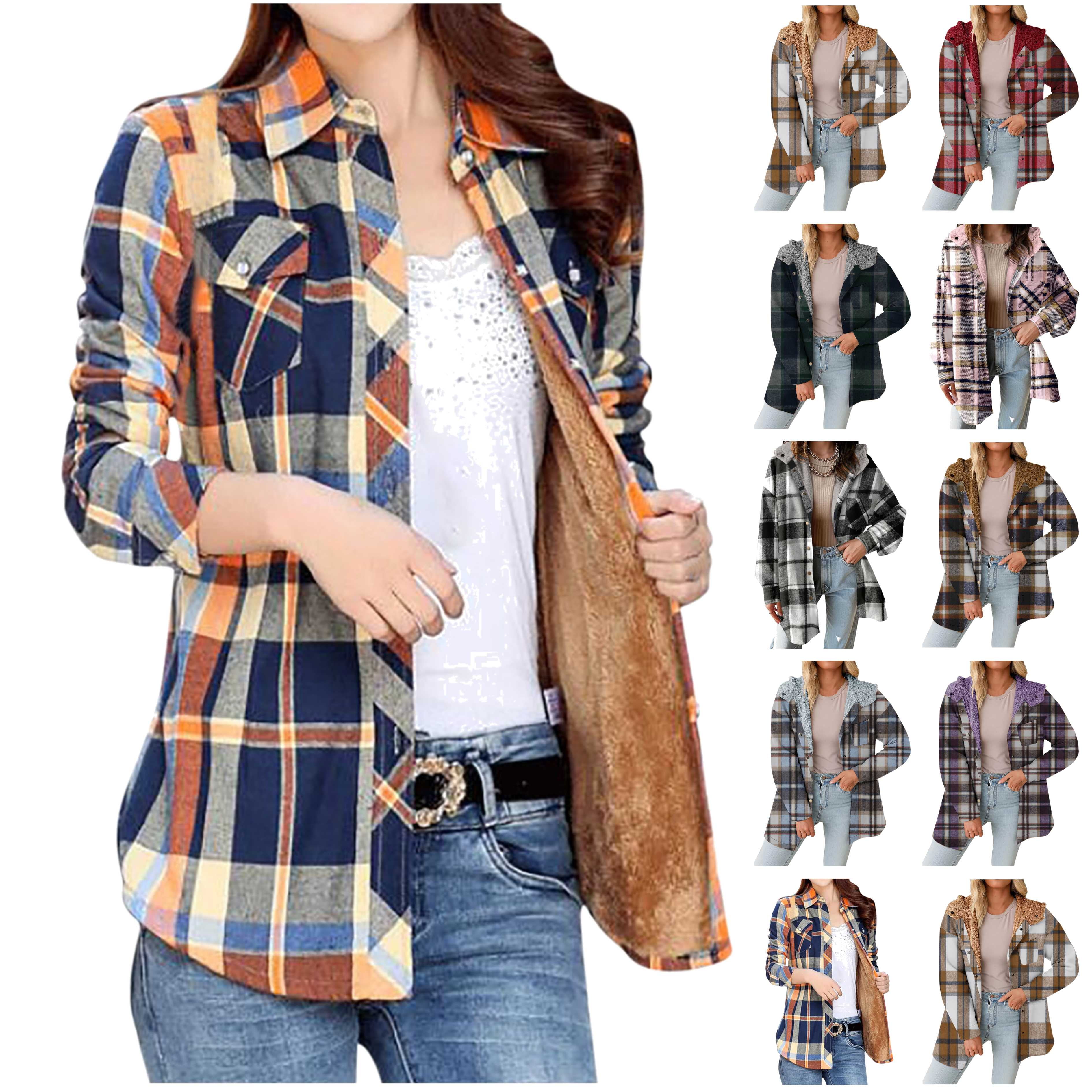 QATAINLAV Plaid Shacket Jacket for Women Long Sleeve Button Down Hooded ...