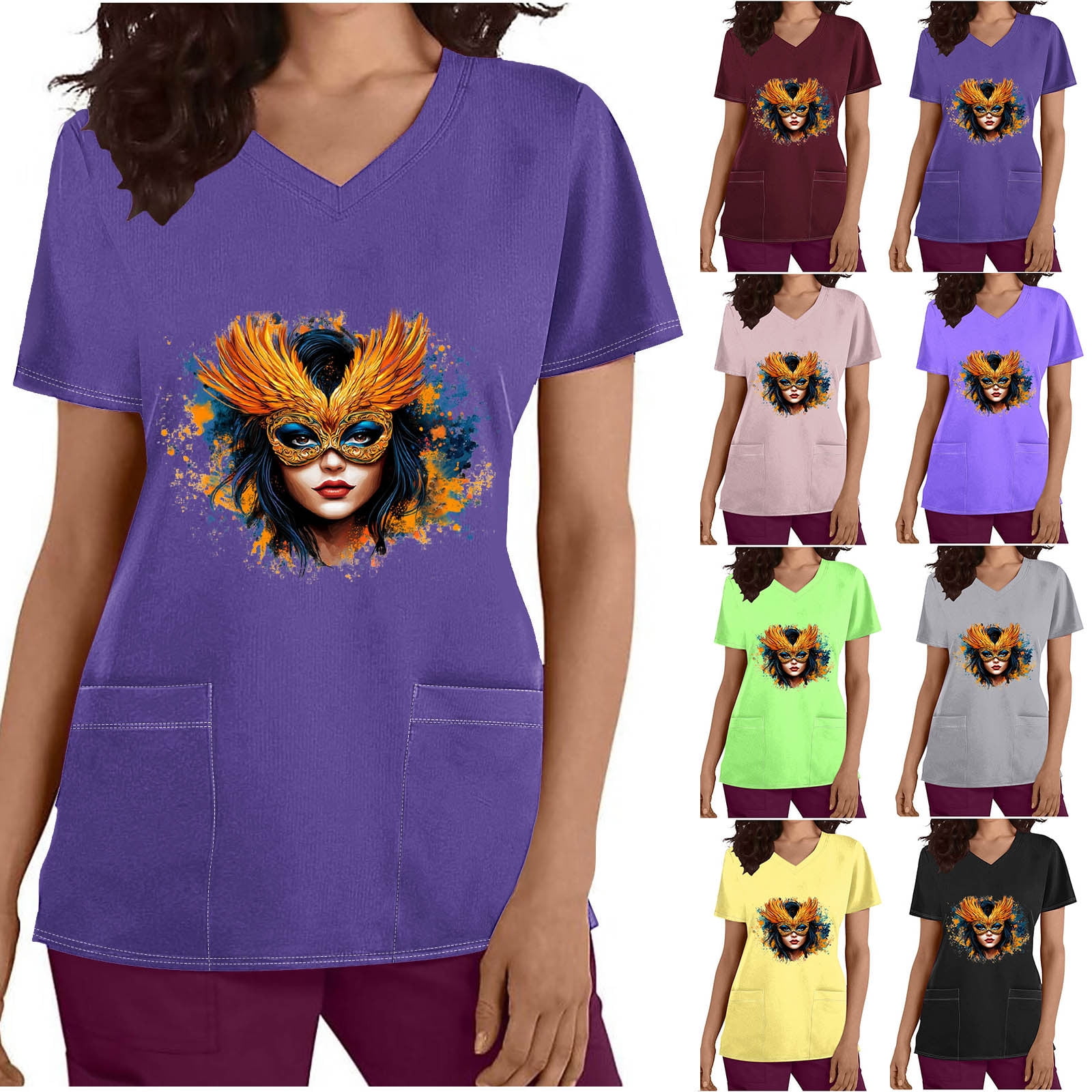 QATAINLAV Printed Scrub Tops Women Working Uniform Mardi Gras Printed V ...