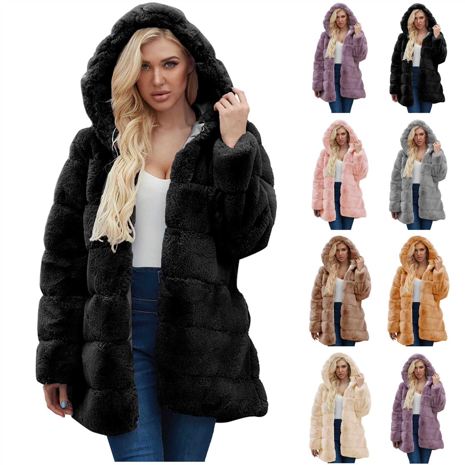 QATAINLAV Winter Coats for Women Warm Thick Faux Fur Coat Big Hooded ...
