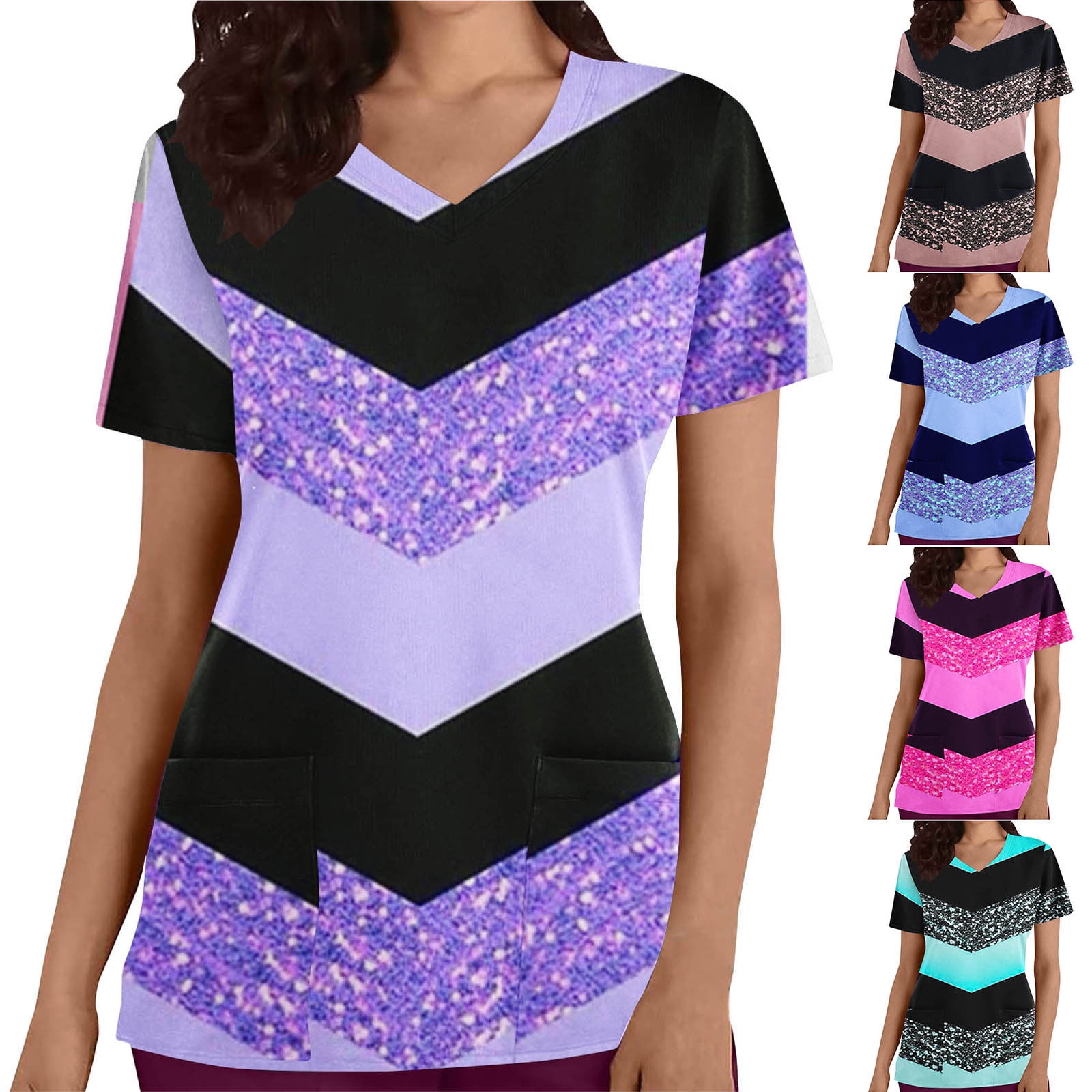 QATAINLAV Scrubs for Women Color Block Printed Short Sleeve V Neck ...