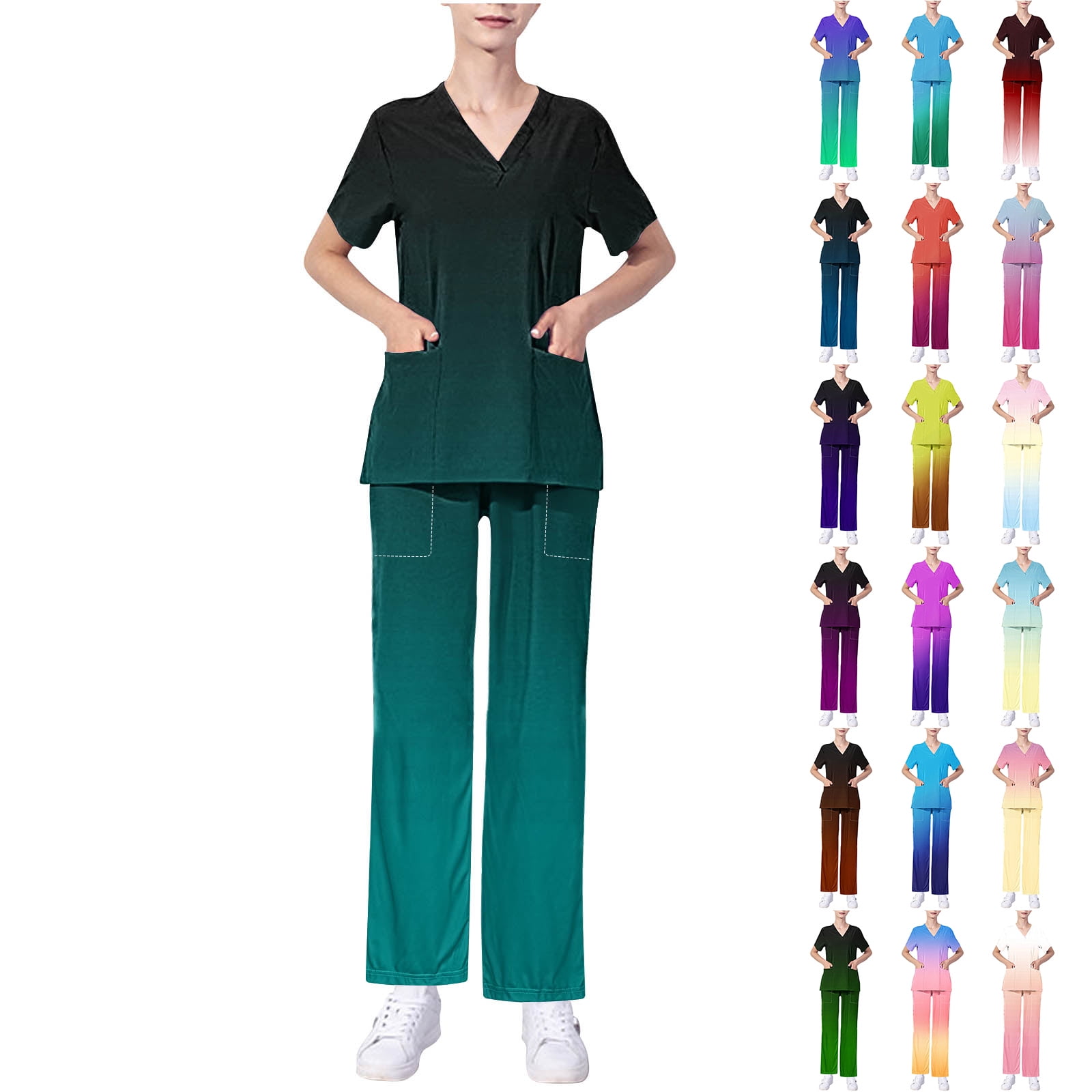 QATAINLAV Scrubs for Women Set Gradient Print V Neck Short Sleeve Tops ...
