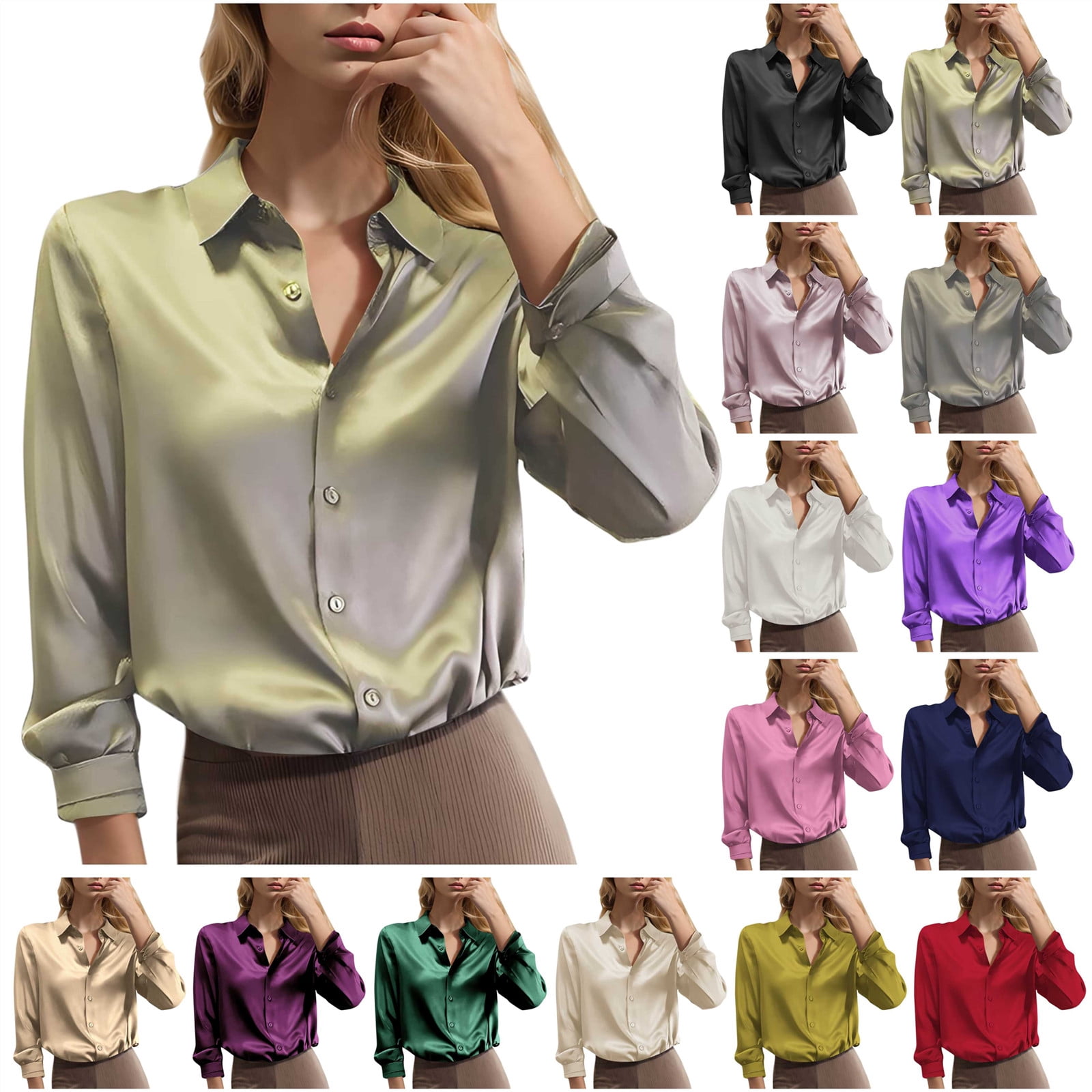 QATAINLAV Silk Satin Blouses for Women Office Button Up Long Sleeve ...