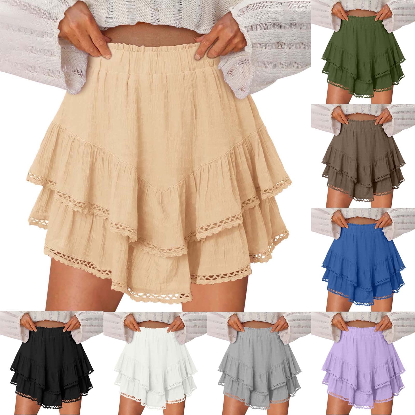 QATAINLAV Skorts for Woman Solid Color Summer Pleated Ruffle Tiered Flowy Shorts Athletic ...
