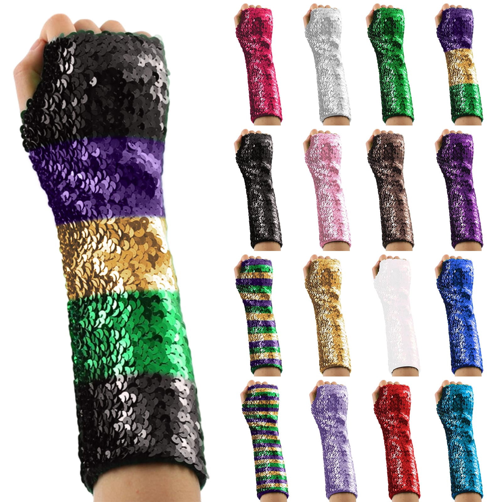 QATAINLAV Sparkly Sequin Gloves Long Fingerless Ealstic Glitter Gloves ...