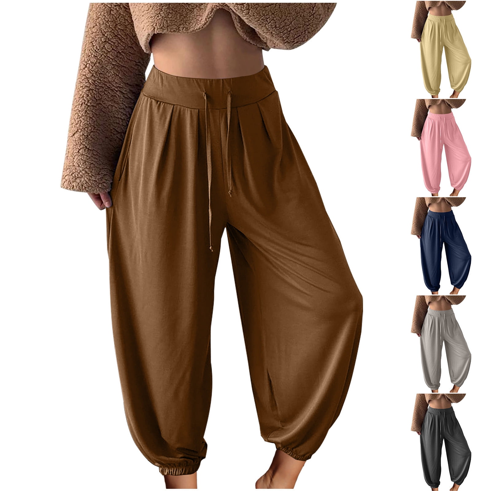 QATAINLAV Summer Pants for Women Drawstring Elastic High Waist Lartern ...