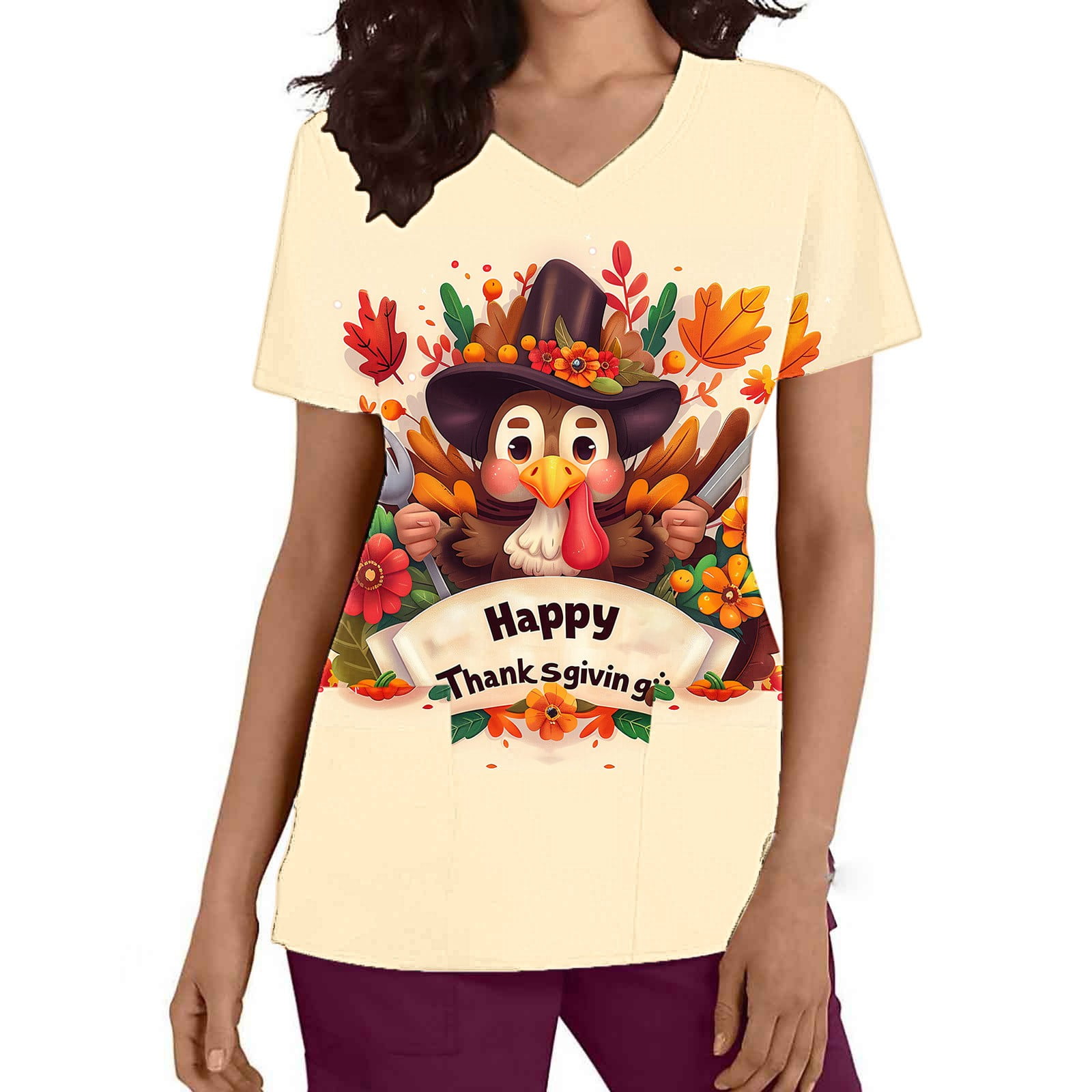 QATAINLAV Thanksgiving Scrub Tops for Women with Pockets Funny Turkey ...