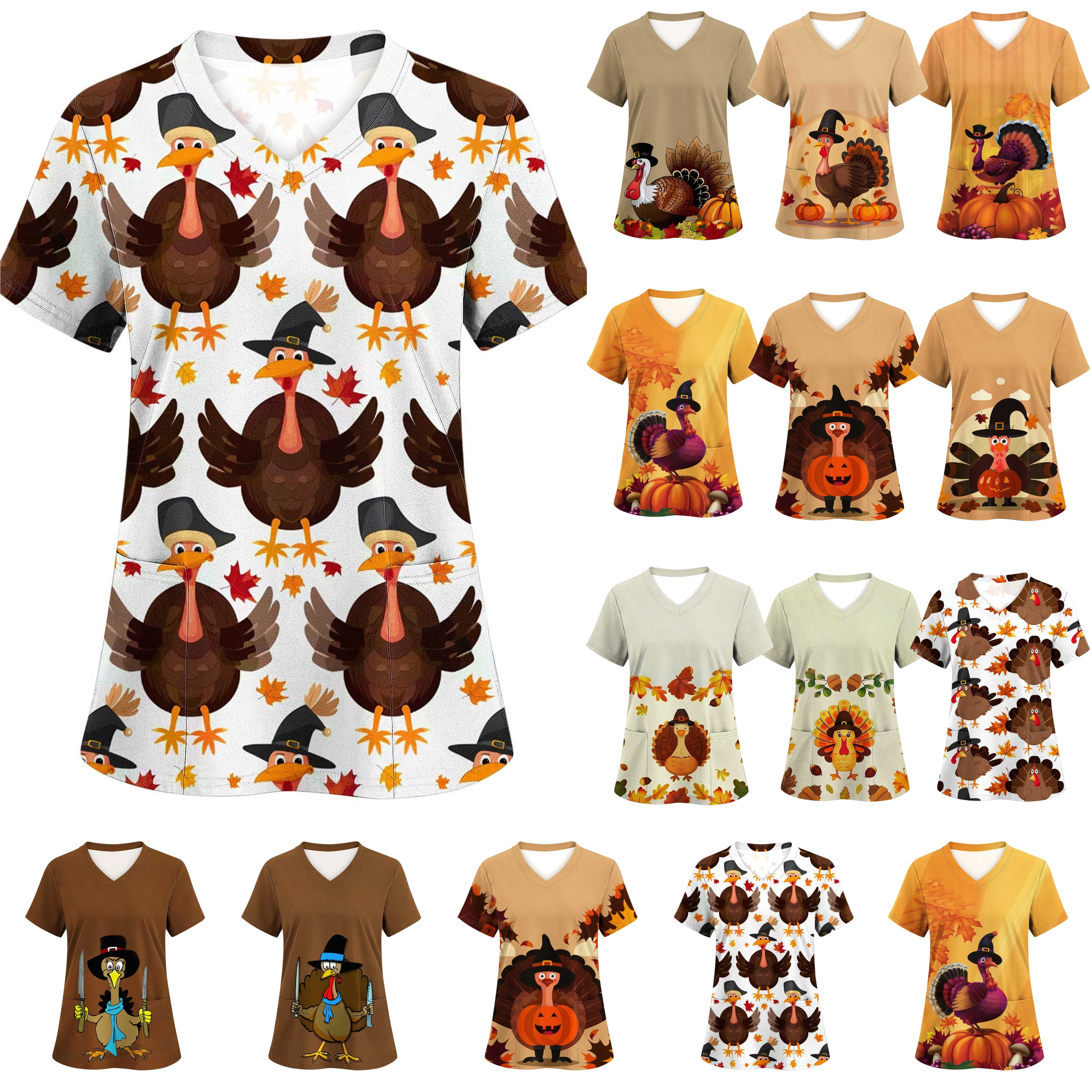 QATAINLAV Thanksgiving Scrub Tops Women Turkey Printed Holiday Nursing ...