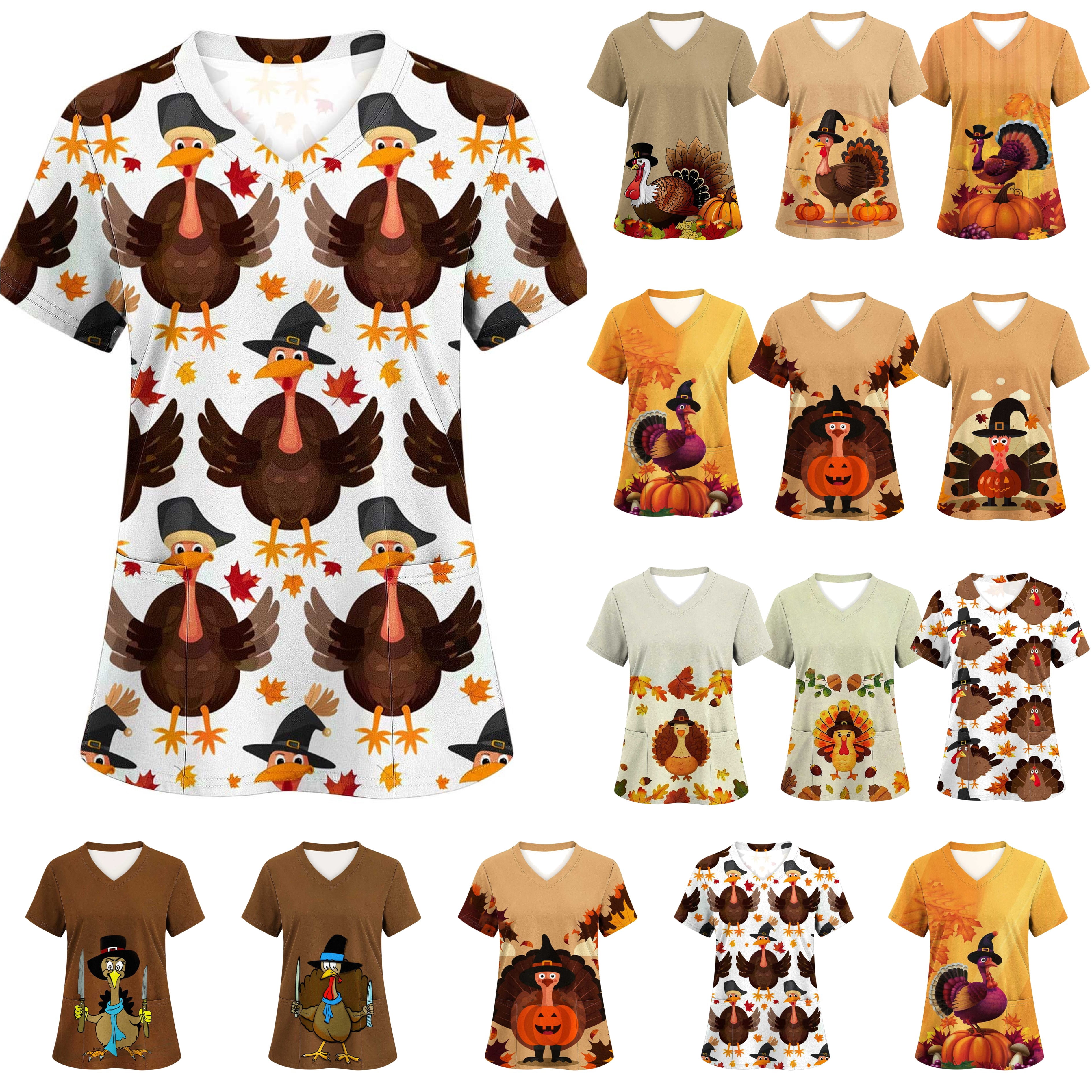 QATAINLAV Thanksgiving Tops for Women Novelty Turkey Printed Short ...