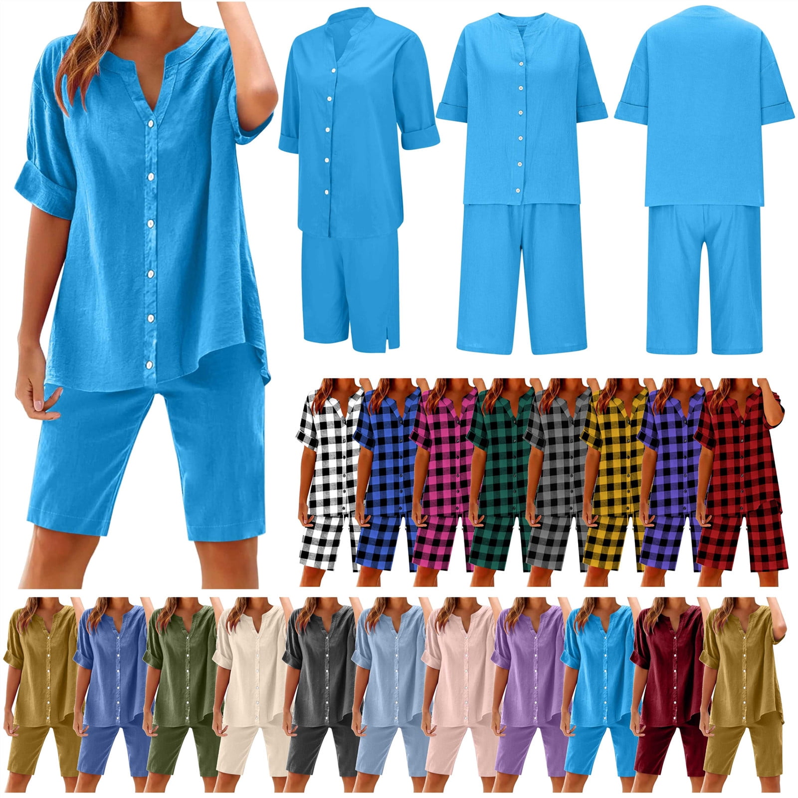 QATAINLAV Two Piece Sets for Women Summer Casual Linen Button Shirts ...