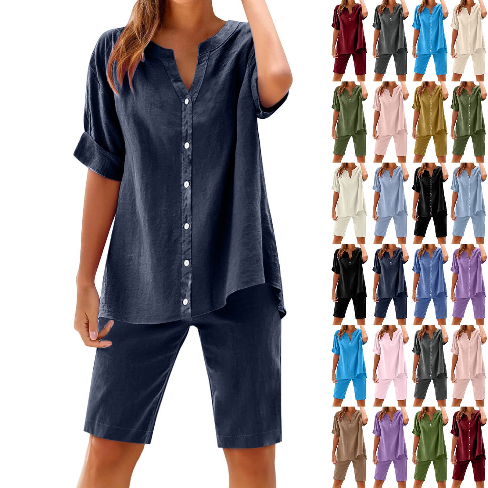 QATAINLAV Two Piece Sets for Women Summer Casual Linen Button Shirts ...