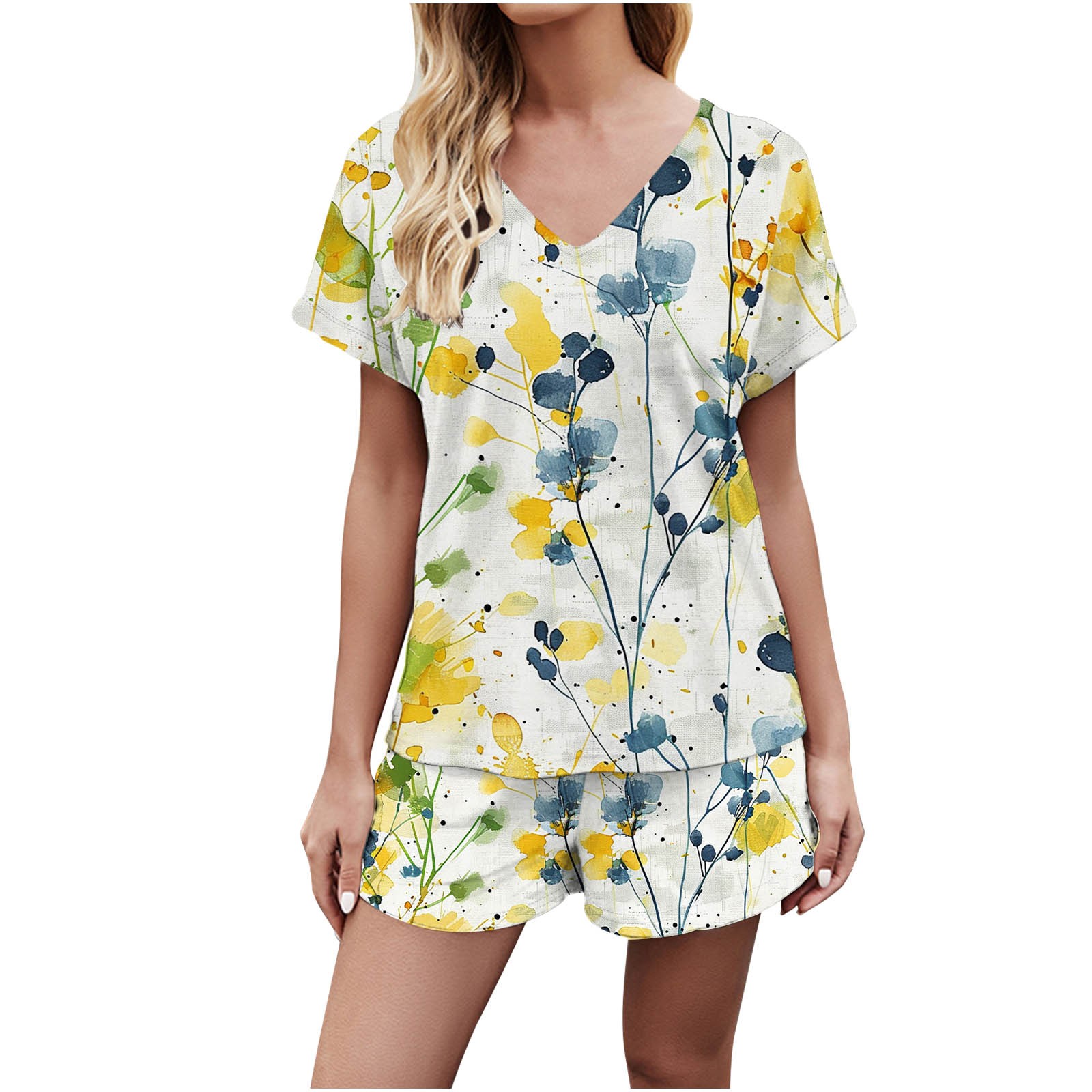 QATAINLAV Two Piece Sets for Women Summer Cotton V Neck Tshirt and Elastic Waist Shorts Lounge ...