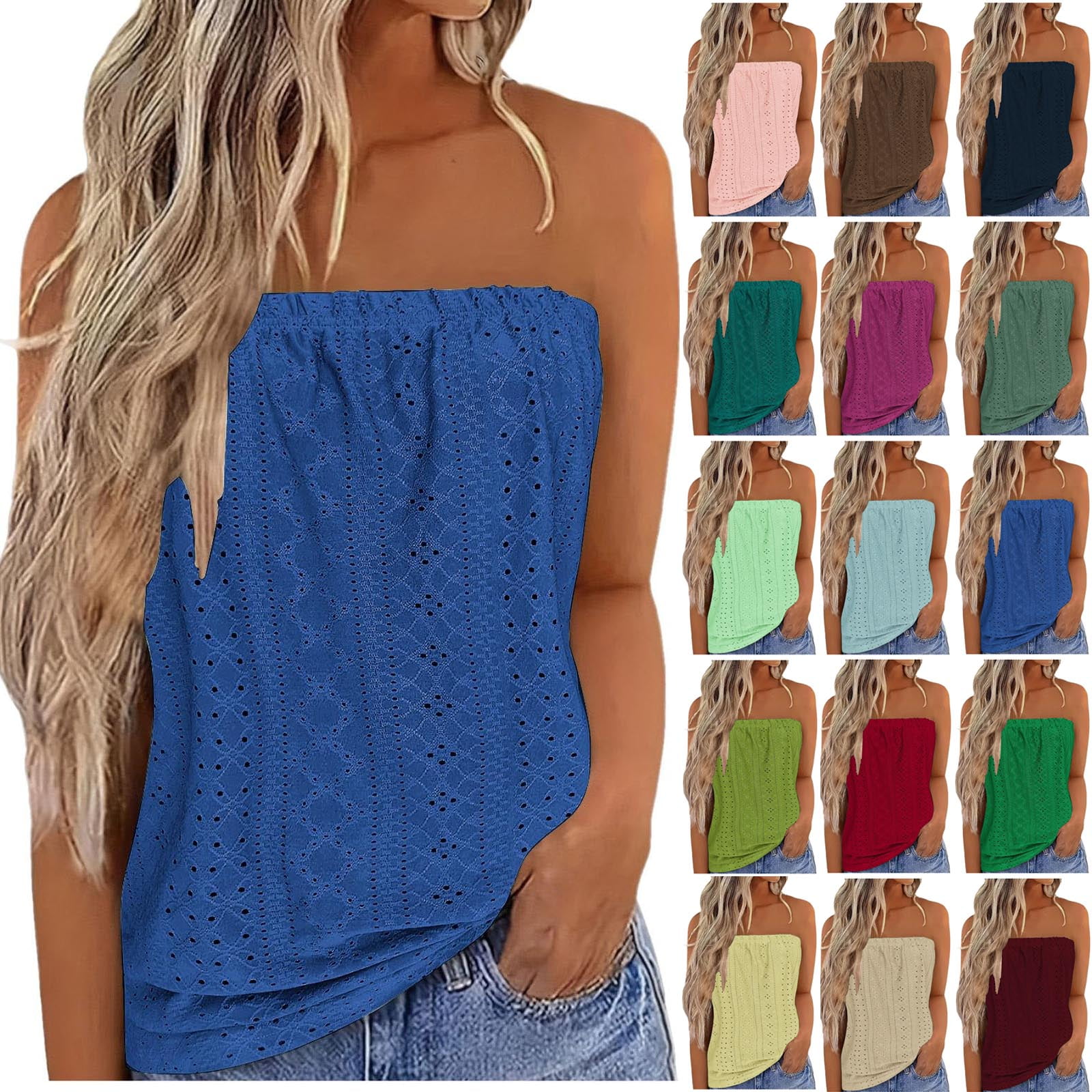 QATAINLAV Wamen Summer Tube Tops Casual Strapless Eyelet Bandeau Tanks ...