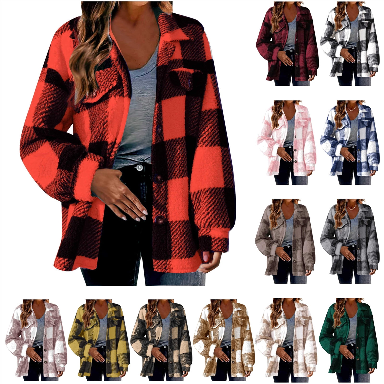 QATAINLAV Weekly Sale Open Front Jackets for Women Fleece Plaid Jacket ...