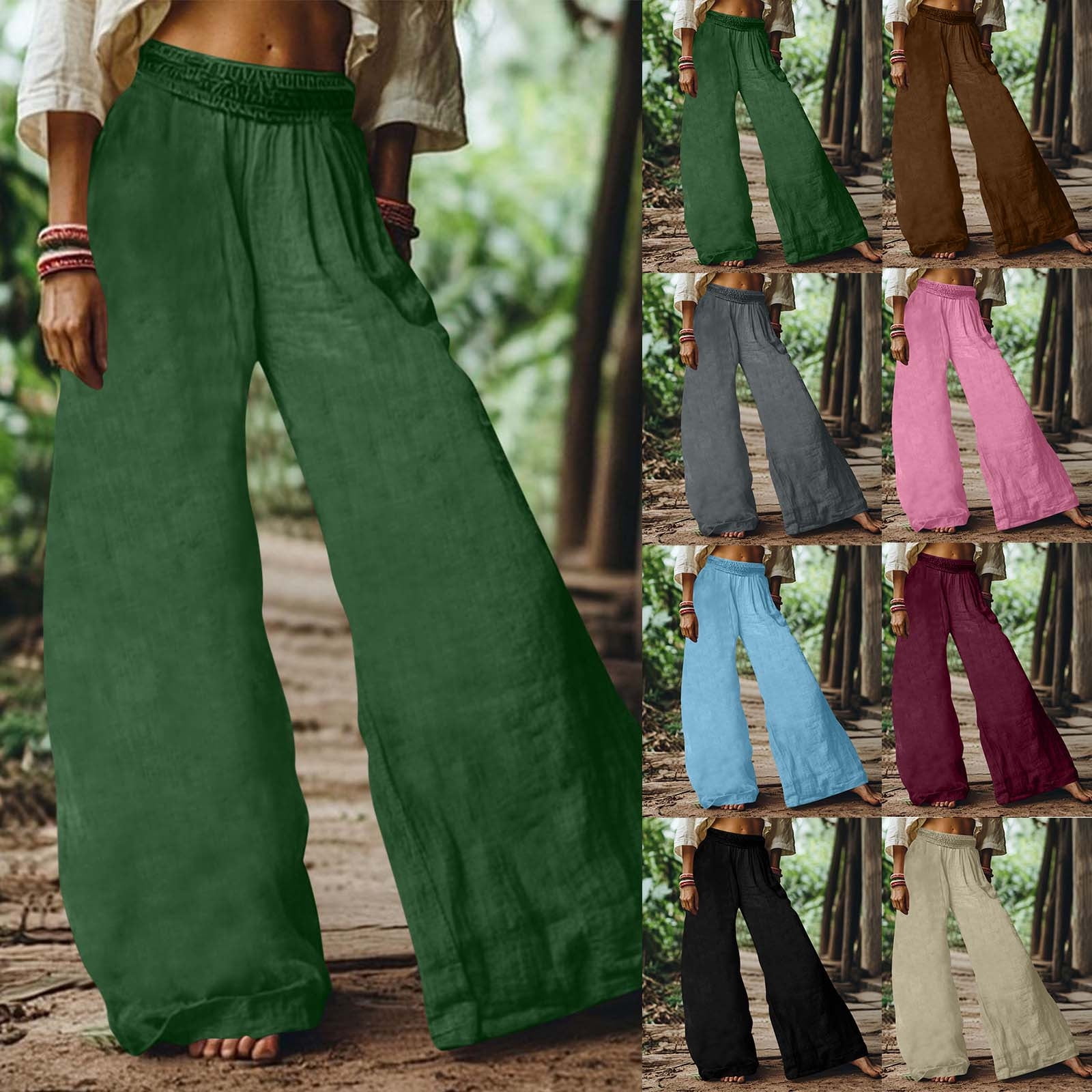 QATAINLAV Wide Leg Pants for Women Summer Baggy Flowy Linen Palazzo ...