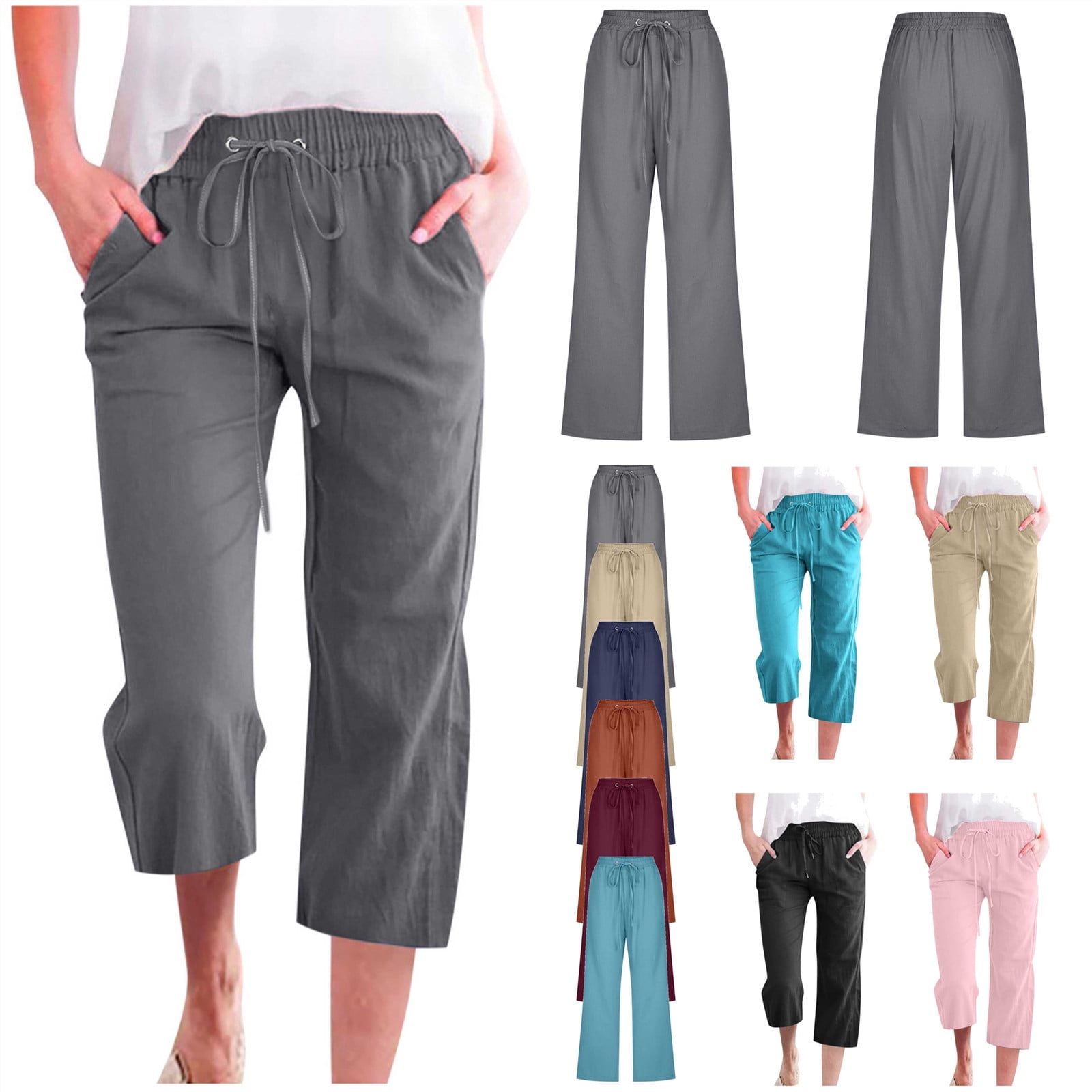QATAINLAV Capri Pants for Women Summer Linen Drawstring Beach Capris ...