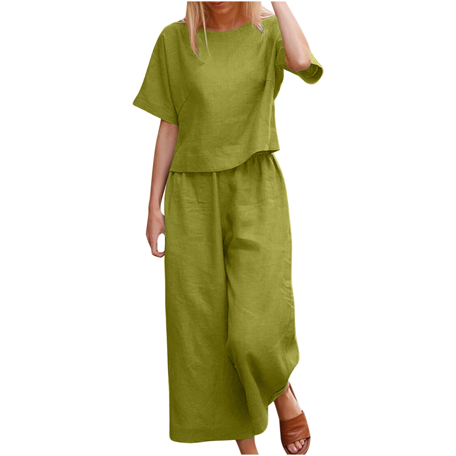 Qatainlav Women Cotton Linen 2 Piece Outfits Crewneck Short Sleeve