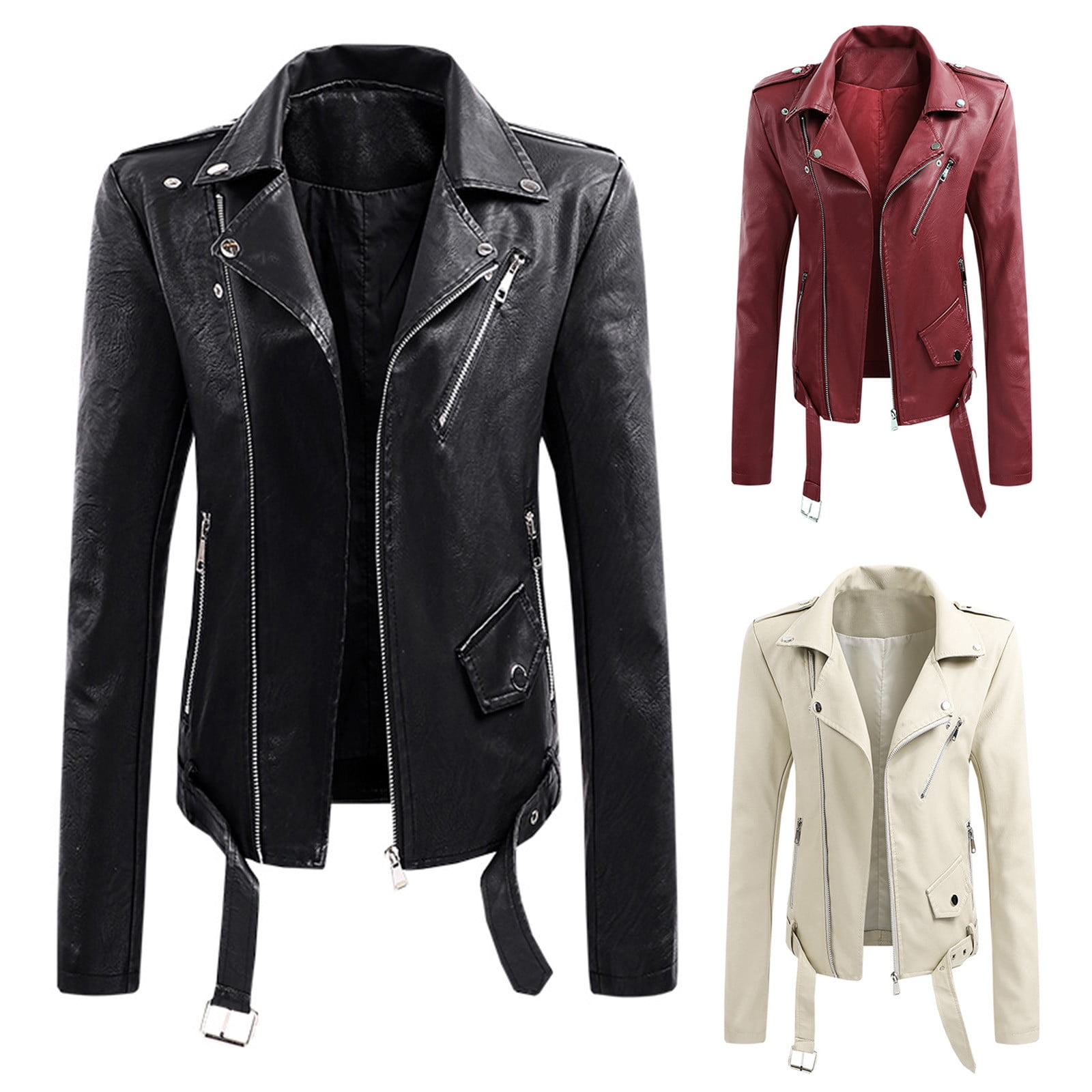 QATAINLAV Women Faux Leather Cropped Jacket Long Sleeve Zip Up Motor ...