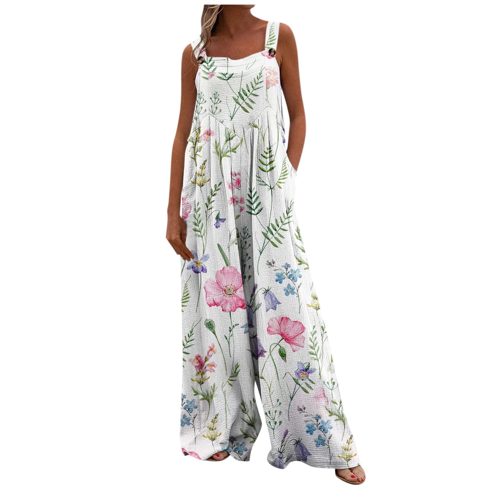 QATAINLAV Women Print Jumpsuit Summer Sleeveless Pajamas Overalls Loose ...