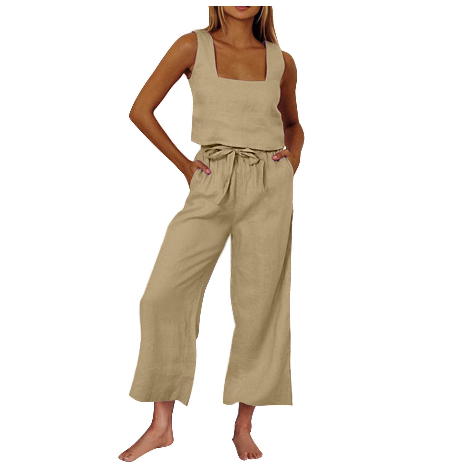 Qatainlav Women Summer Linen Lounge Set Square Neck Crop Top Wide Leg