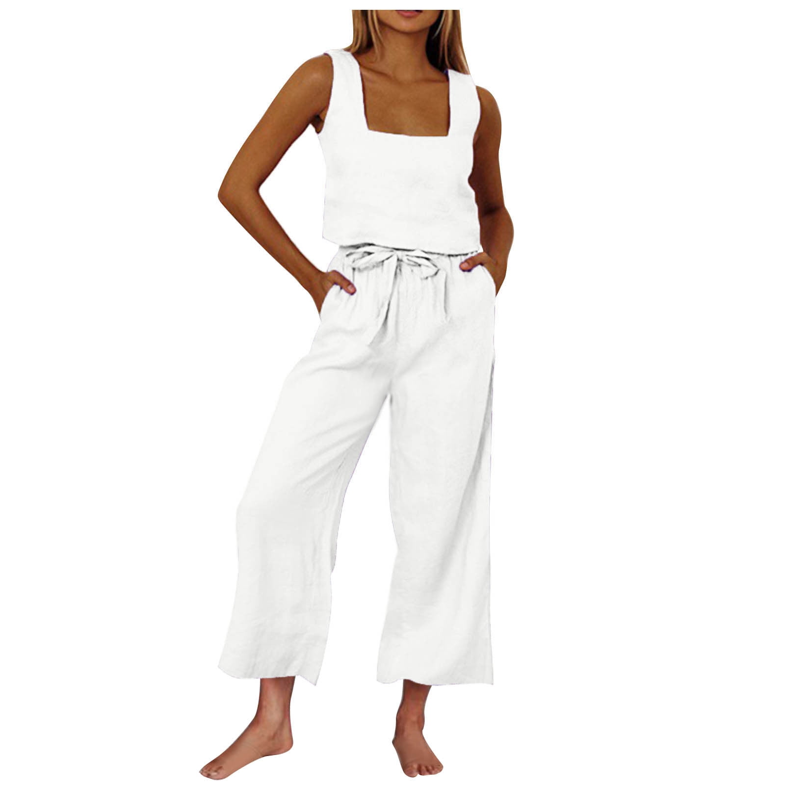 Qatainlav Women Summer Linen Lounge Set Square Neck Crop Top Wide Leg