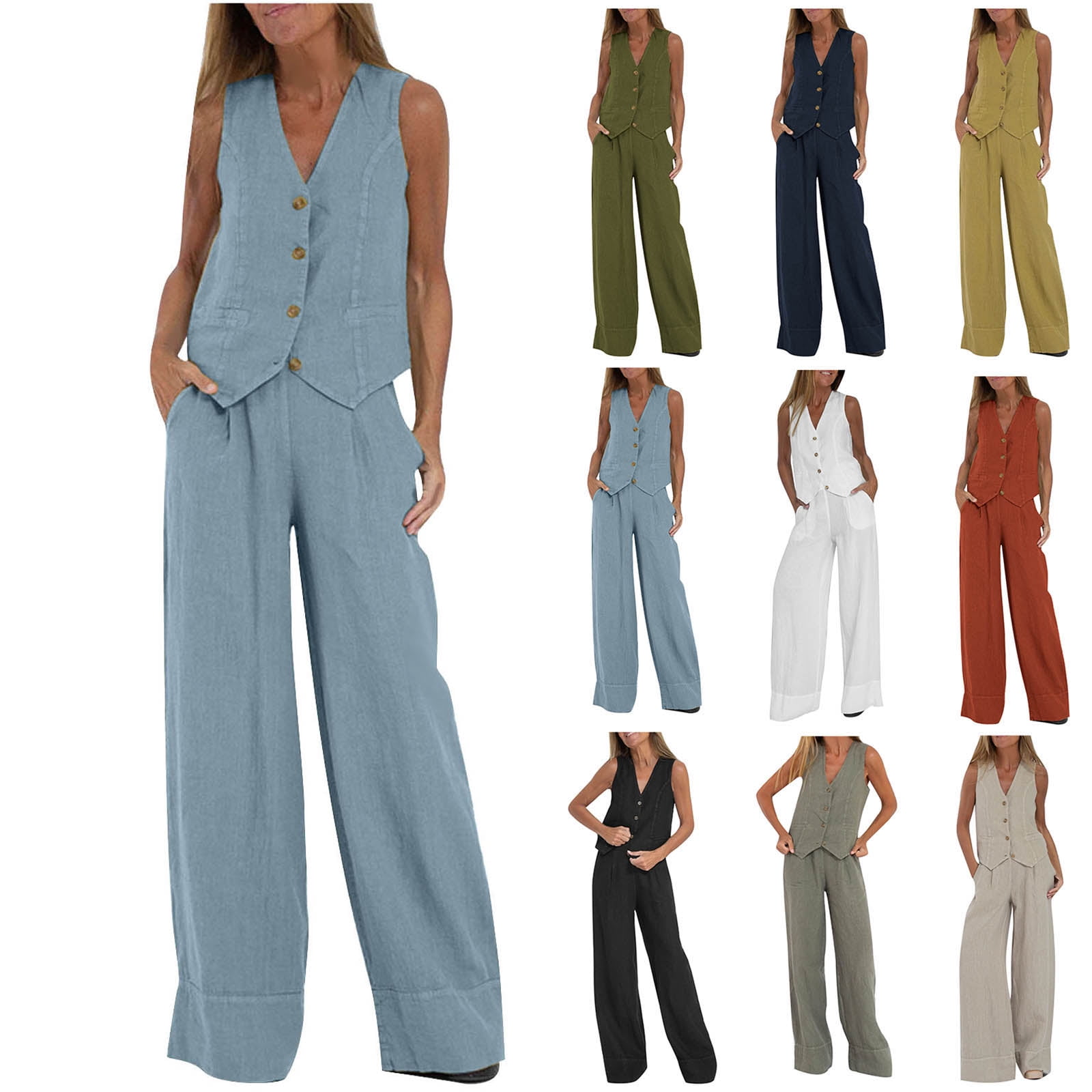 QATAINLAV Women Two Piece Outfits Button V neck Vest Top Blazer and ...