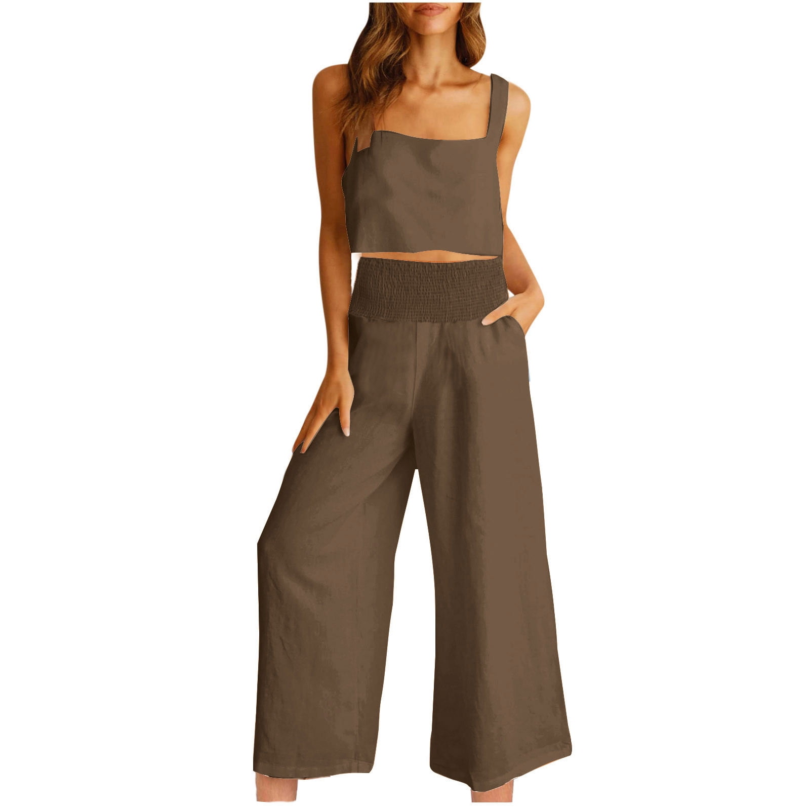 Qatainlav Womens 2 Piece Outfits Summer Square Neck Tank Crop Top Wide