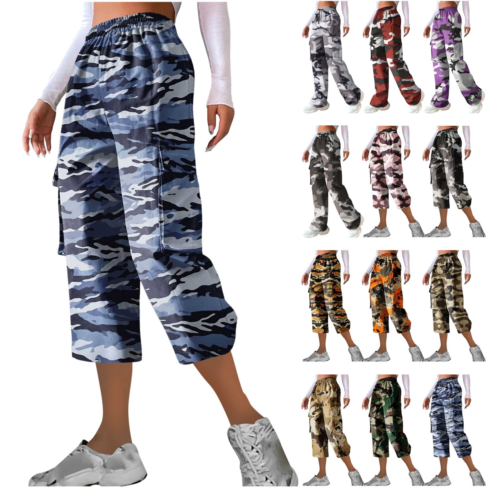 QATAINLAV Women's Camo Cargo Capris Casual Elastic Waist Hiking Cropped ...