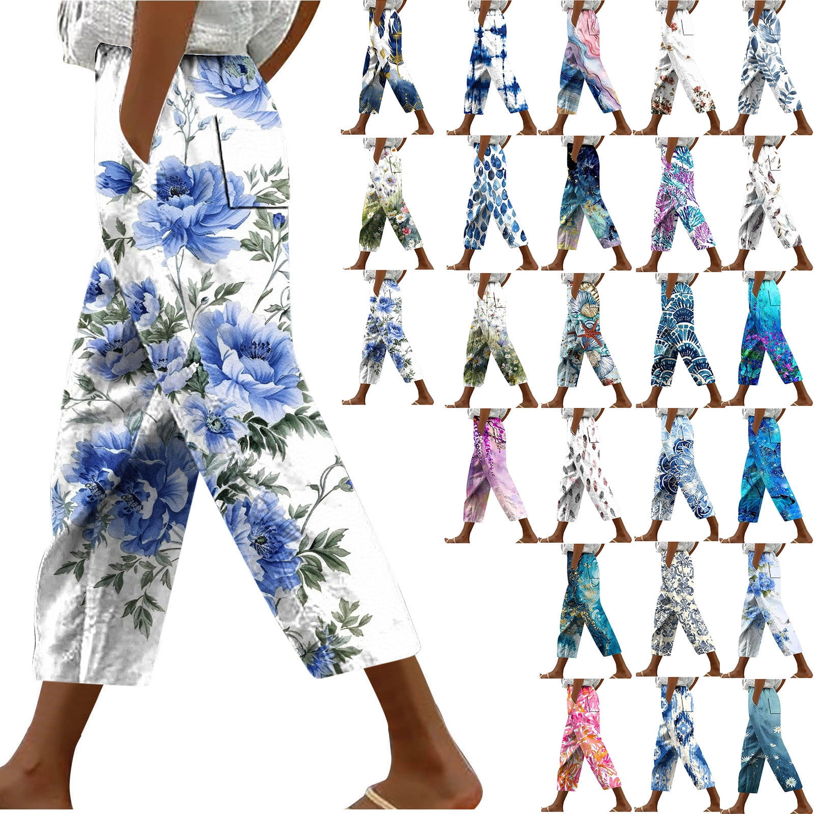 QATAINLAV Women's Capri Pants 2024 Trendy Floral Print Cropped Trousers ...