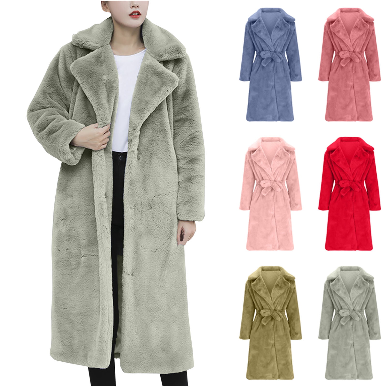 QATAINLAV Women's Faux Fur Jackets Long Sleeve Belt Lapel Fluffy Fleece Overcoat Warm Fuzzy Long ...