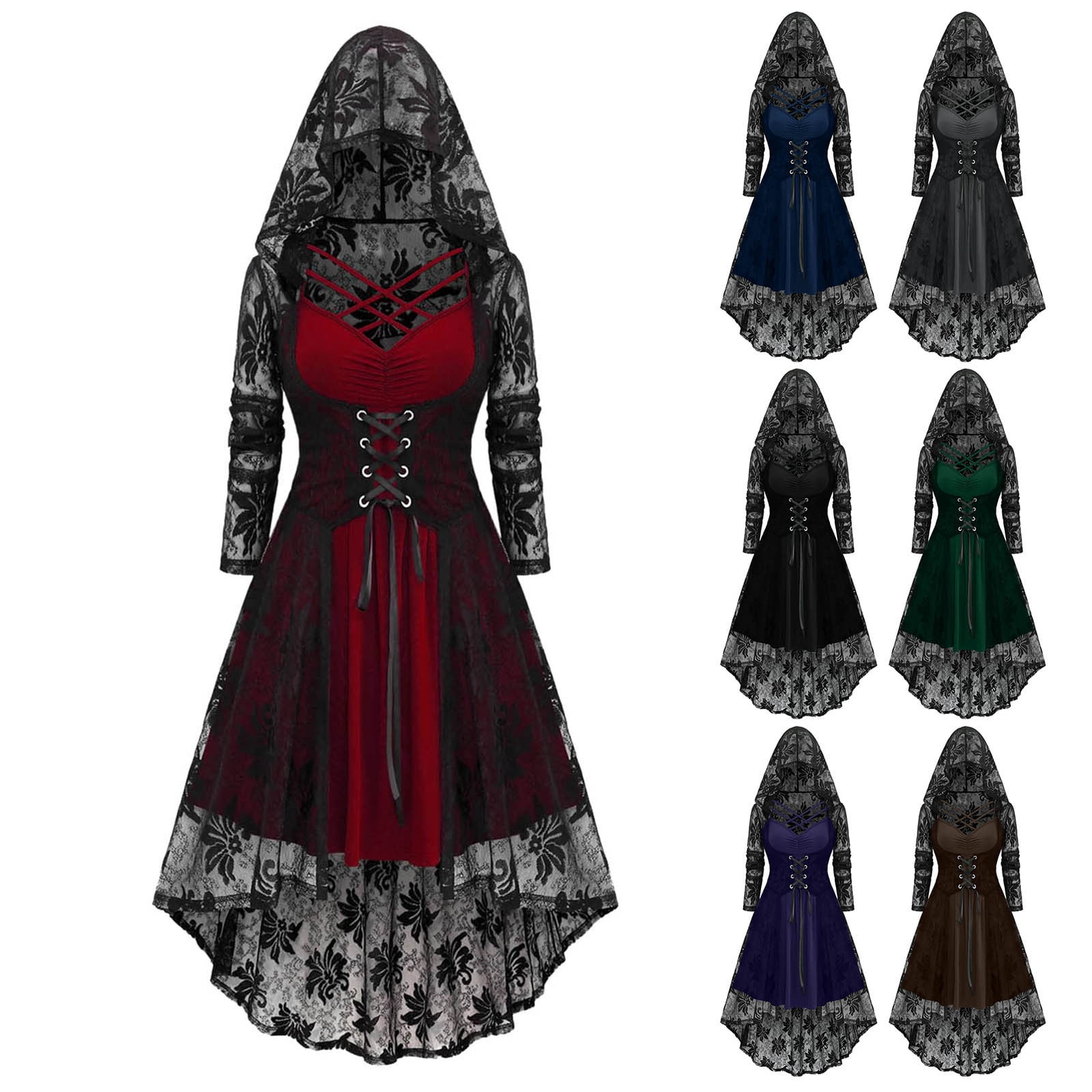 QATAINLAV Women's Gothic Hooded Dresses Lace-Up Front Long Sleeve Flowy ...