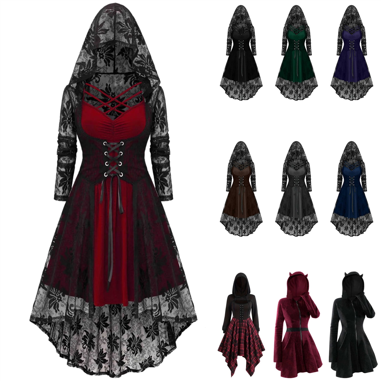 QATAINLAV Women's Gothic Hooded Dresses Lace-Up Front Long Sleeve Flowy ...