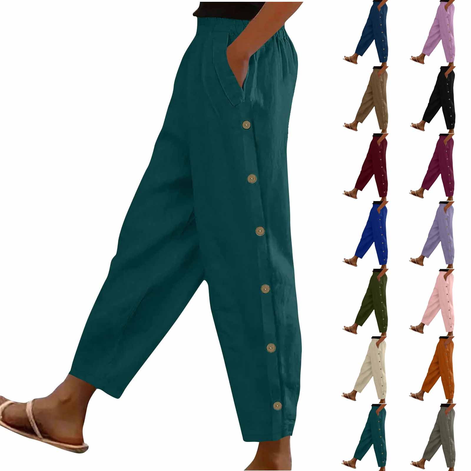QATAINLAV Women's High Split Snap Button Linen Pants Casual Post ...