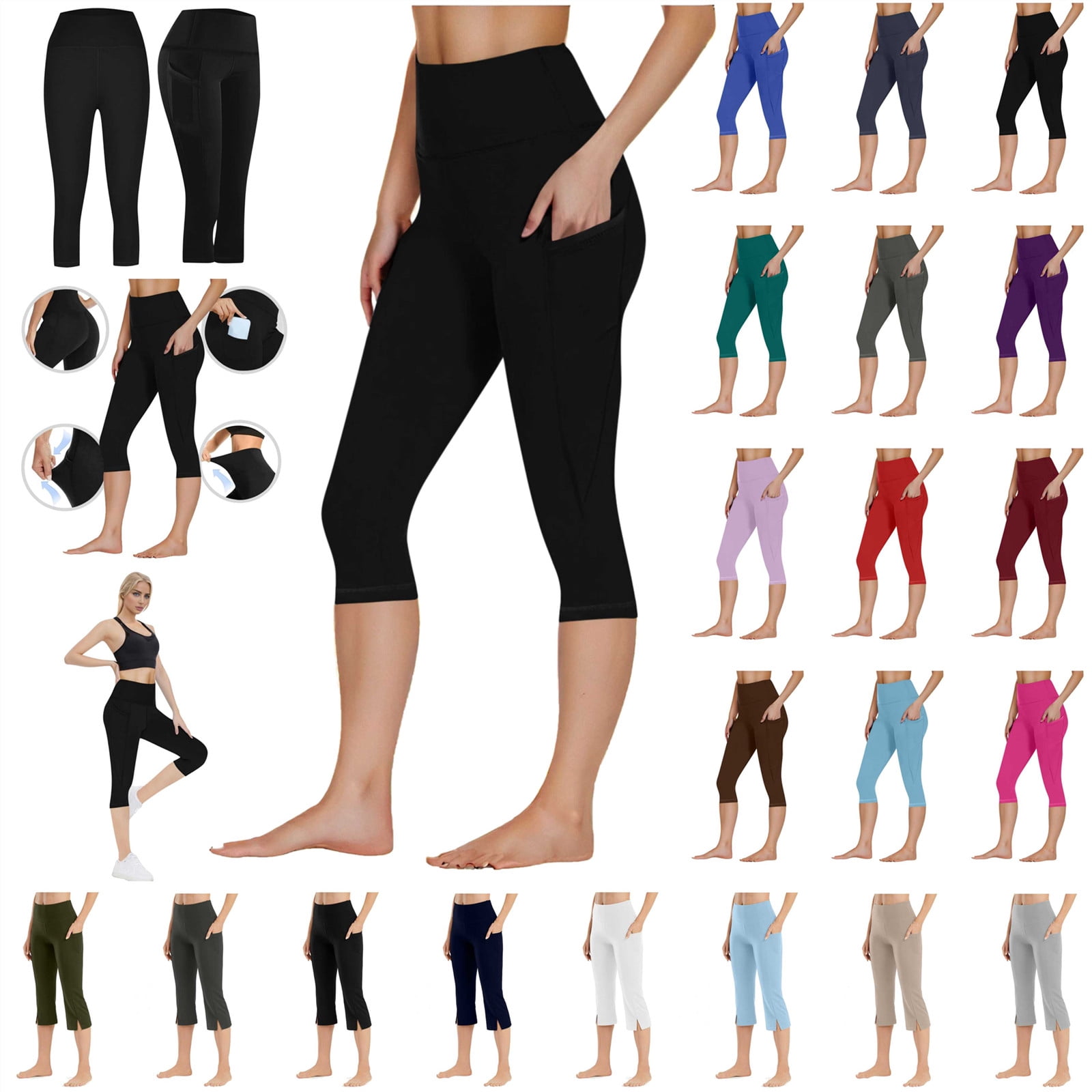 QATAINLAV Women's Knee Length Capri Leggings with Pockets High Waisted ...