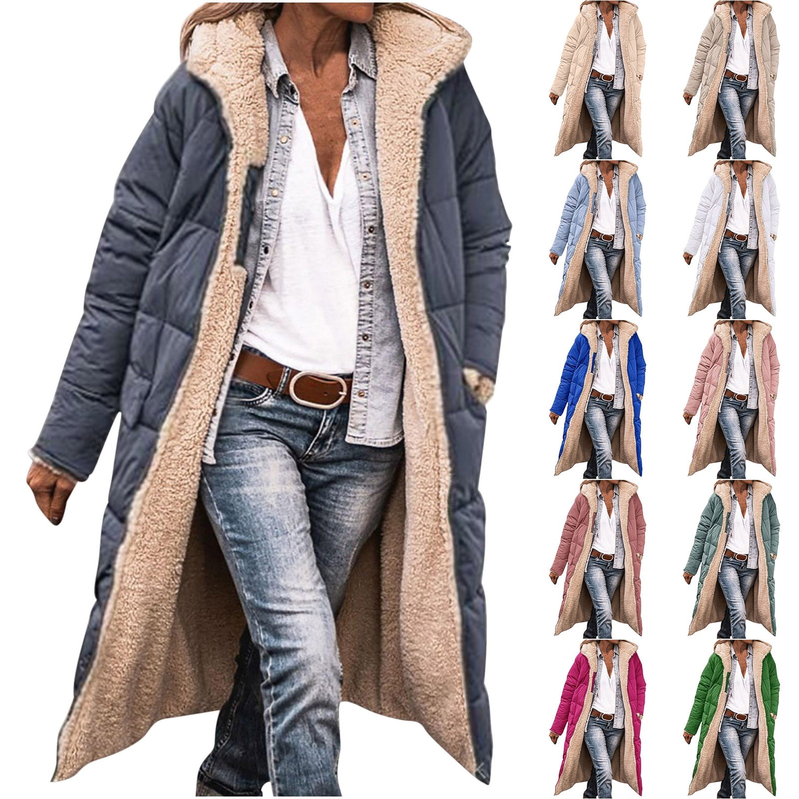 QATAINLAV Women's Oversized Long Coat Plush Lining Reversible Zipper ...
